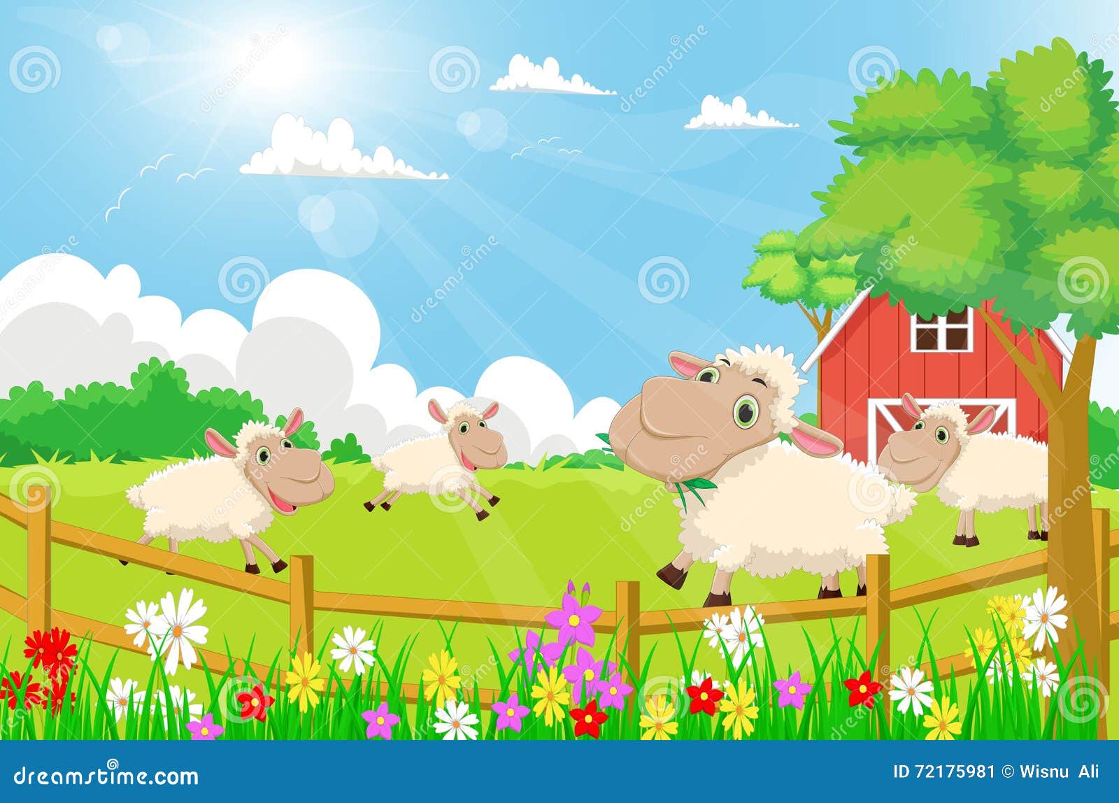 Cartoon Sheep with a Farm Scenery Stock Vector - Illustration of mammal ...