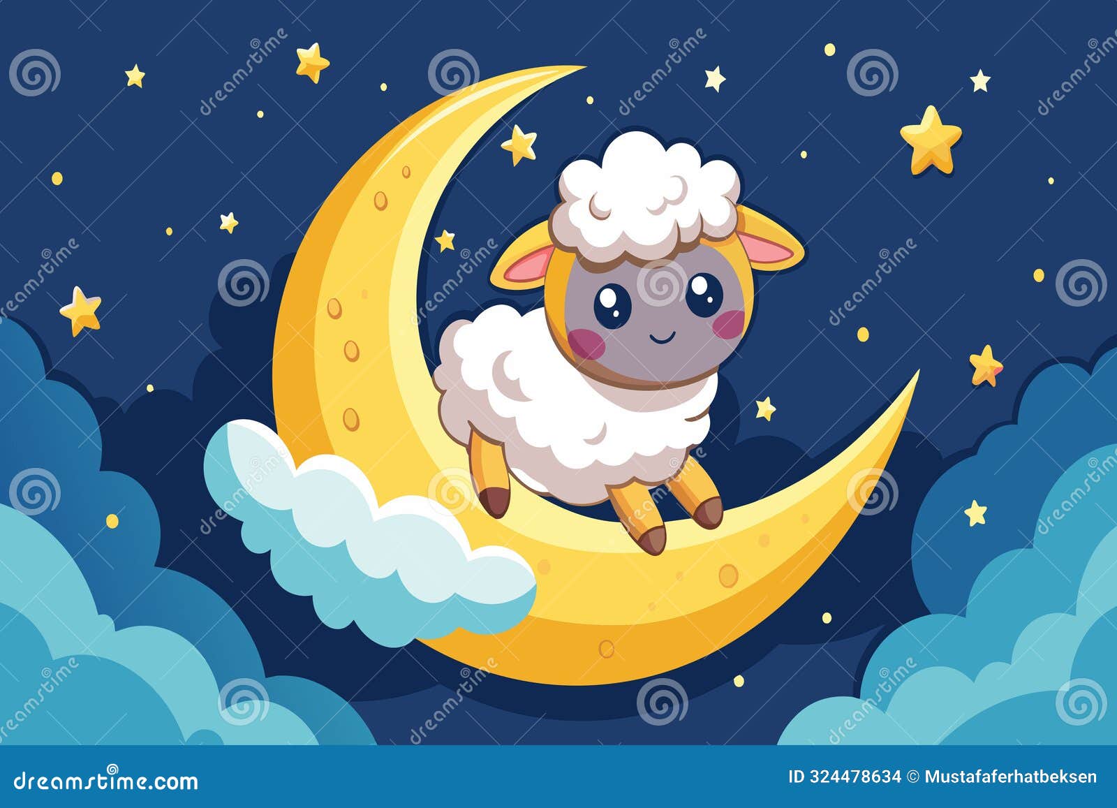 Cartoon Sheep on Moon with Stars Around Stock Illustration ...