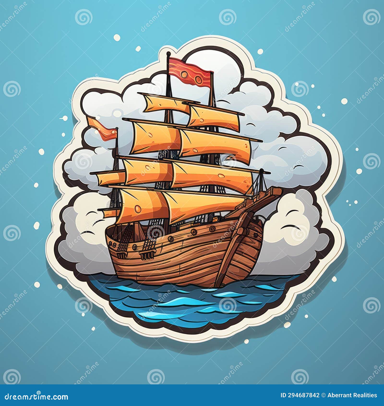 Cartoon Ship Sailing in the Ocean with Clouds Stock Illustration ...