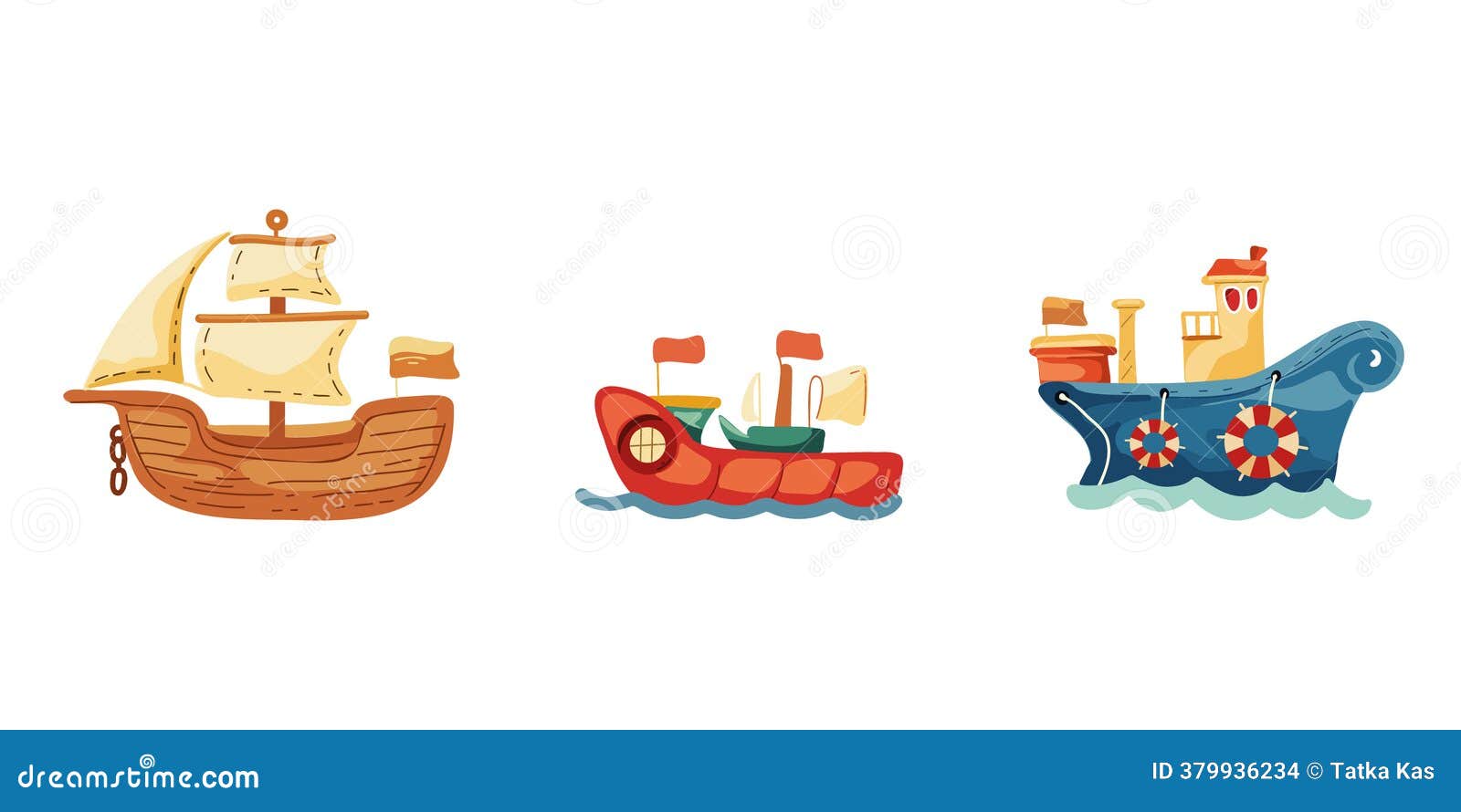 Cartoon Ships, Boats, Steamers And Yachts With Waves And Seagulls ...