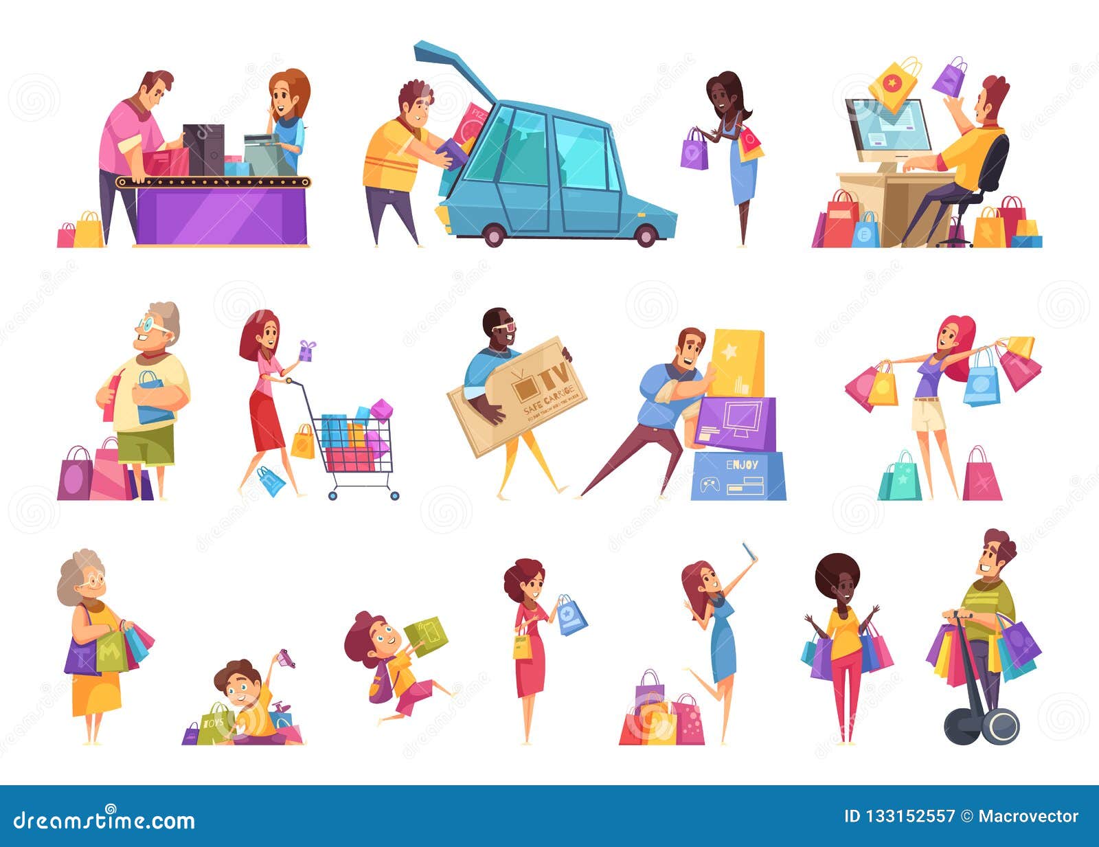 Cartoon Shopaholics Icon Set Stock Vector - Illustration of discount ...