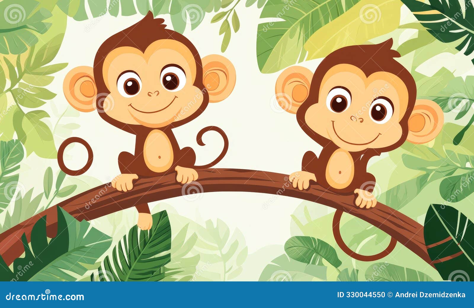 The Cartoon Shows a Happy Monkey Playing on a Branch of a Tree Stock ...