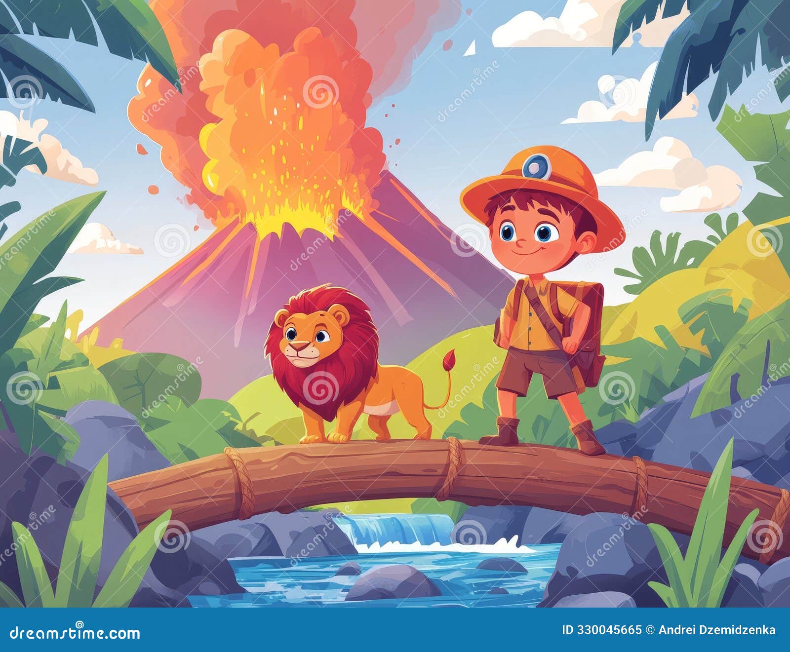 A Cartoon Shows a Zookeeper and Lion Crossing the River on a Tree Trunk ...