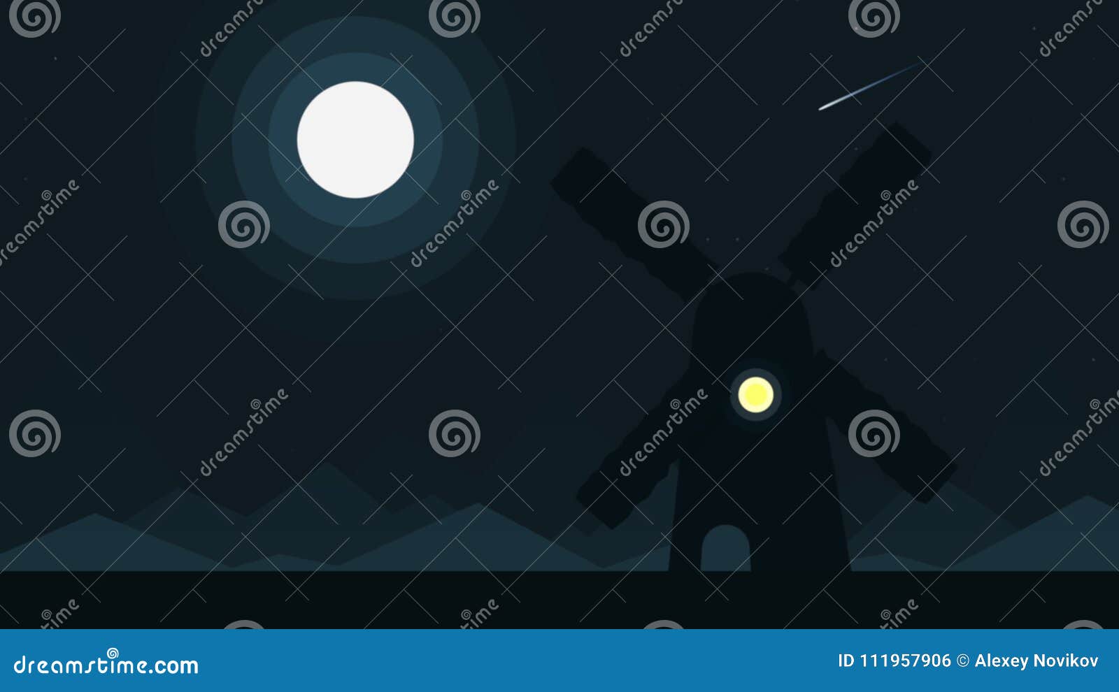 Cartoon Silhouette Of A Windmill At Full Moon Night, Cartoon ...