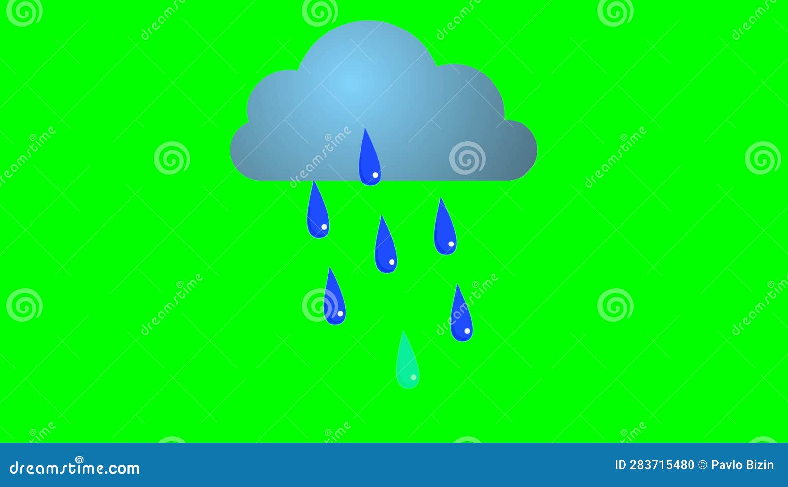 Cartoon Simple Cloud Icon with Raining and Dripping Raindrops on Green ...