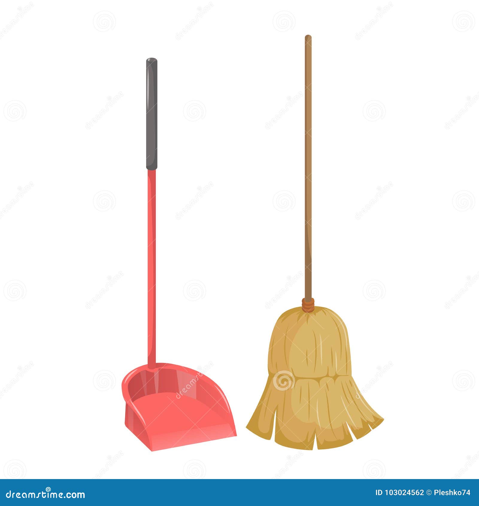 Cartoon Simple Gradient Cleaning Set Objects. Natural Broom And Plastic ...