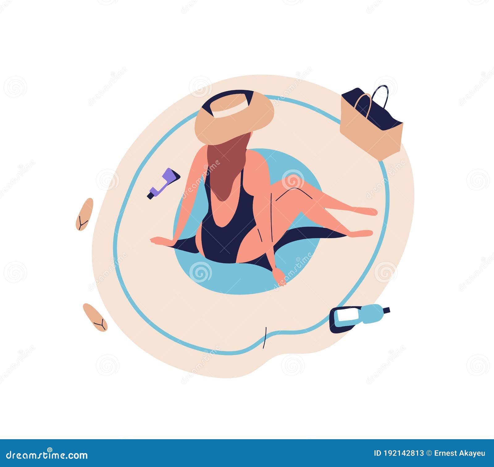 Cartoon Single Woman Sunbathing Sitting On Beach Blanket In Bikini