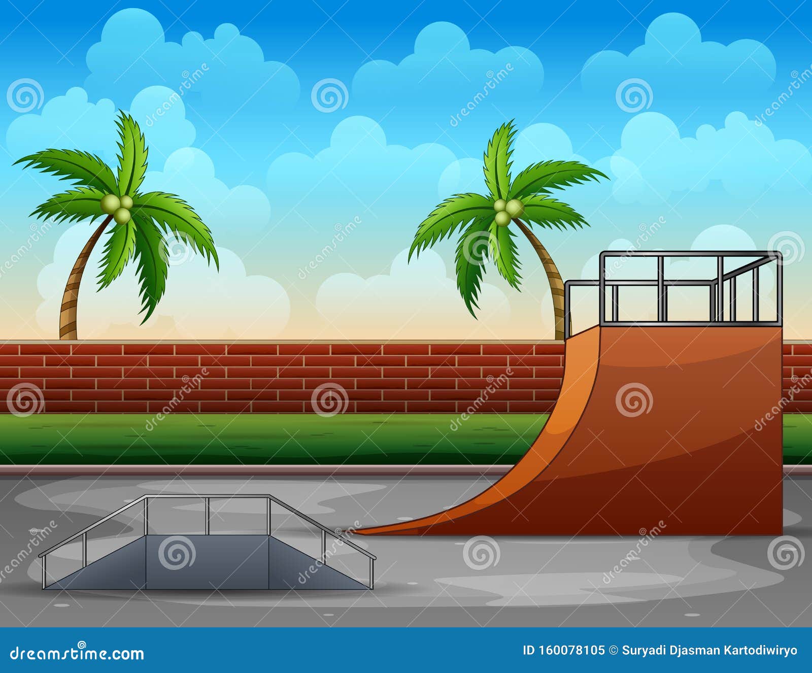 Cartoon of Skatepark with Brick Wall Stock Vector - Illustration of ...