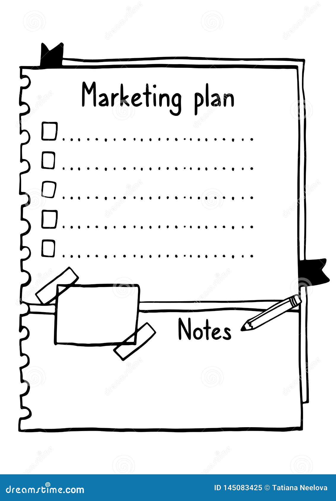 Cartoon Sketch Illustration Of Marketing Plan Template. Hand Drawn Plan ...