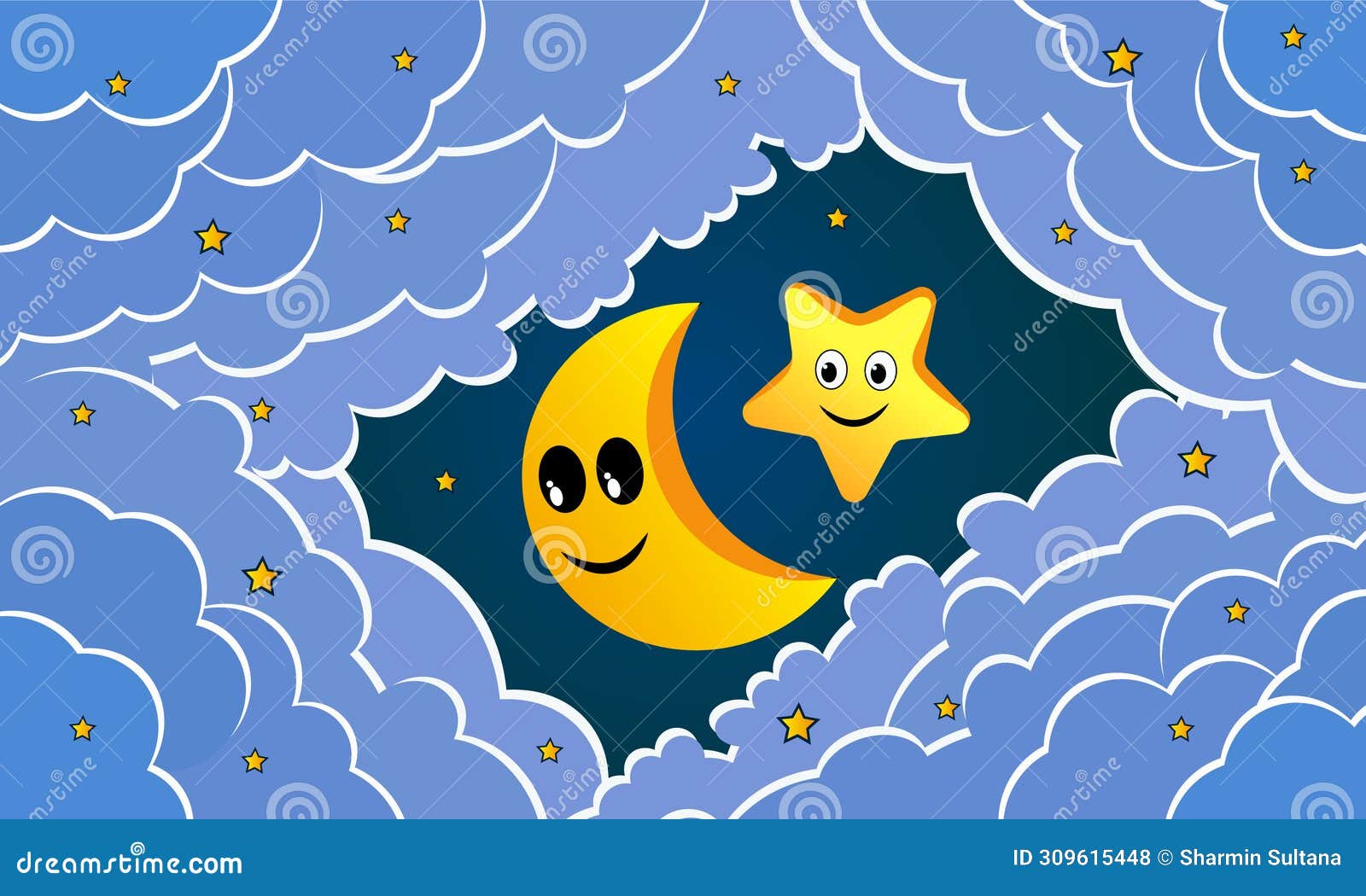 Beautiful Happy, Smiling Moon, Stars and Clouds Digital Art Background ...