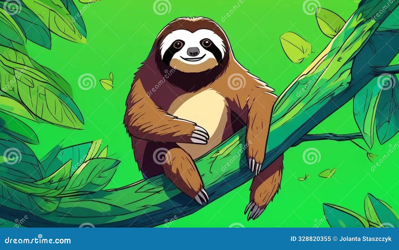 Cartoon sloth on a branch stock illustration. Illustration of anime ...