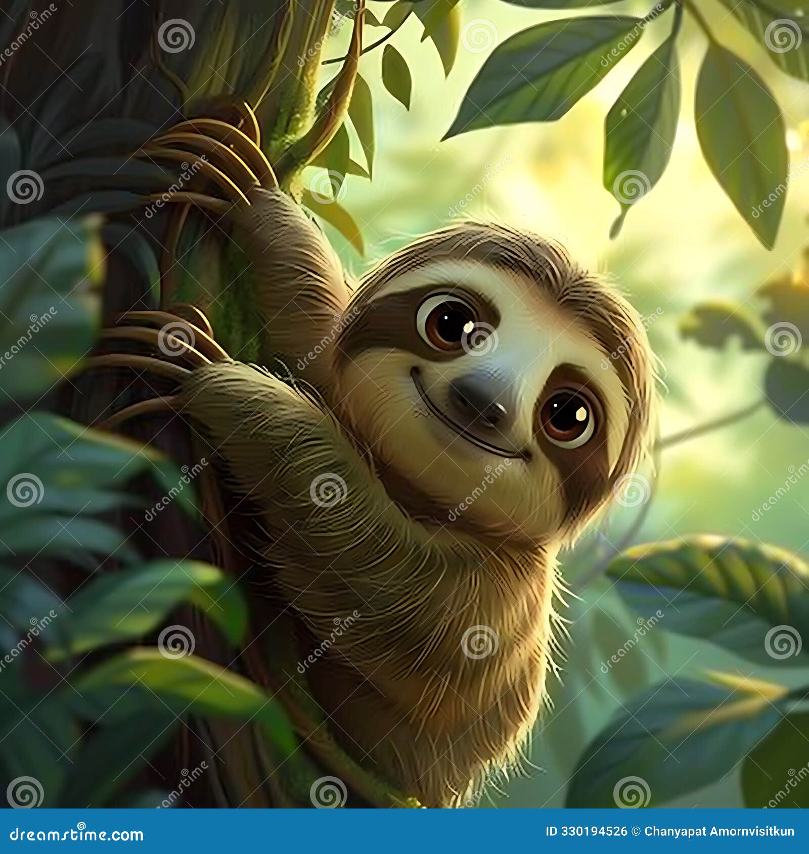 Cartoon sloth on a tree stock illustration. Illustration of tree ...