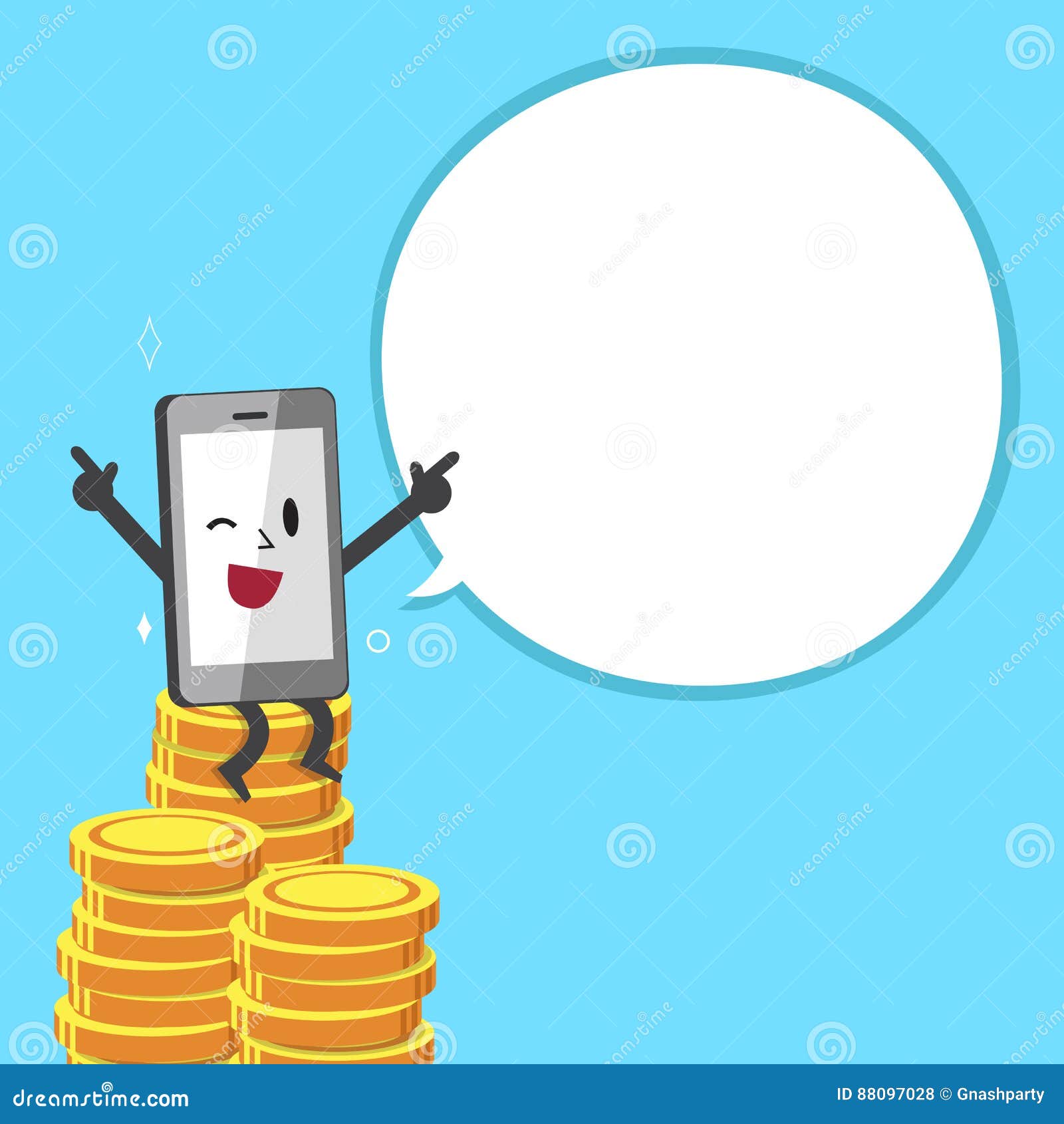 Cartoon Smartphone Character and Money Stacks with White Speech Bubble ...