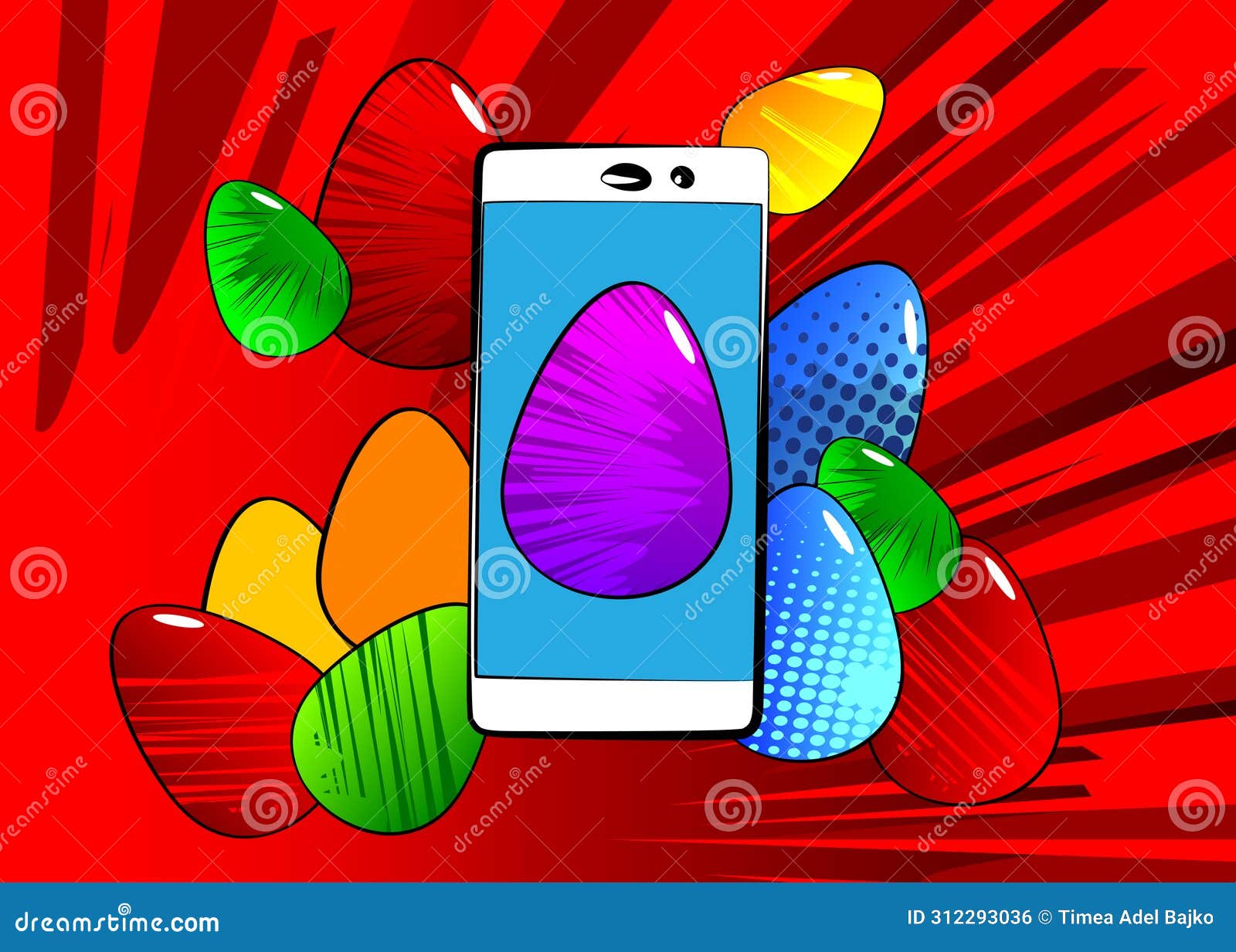 Cartoon Smartphone, Comic Book Telephone with Easter Eggs. Retro Vector Comics Pop Art Design ...