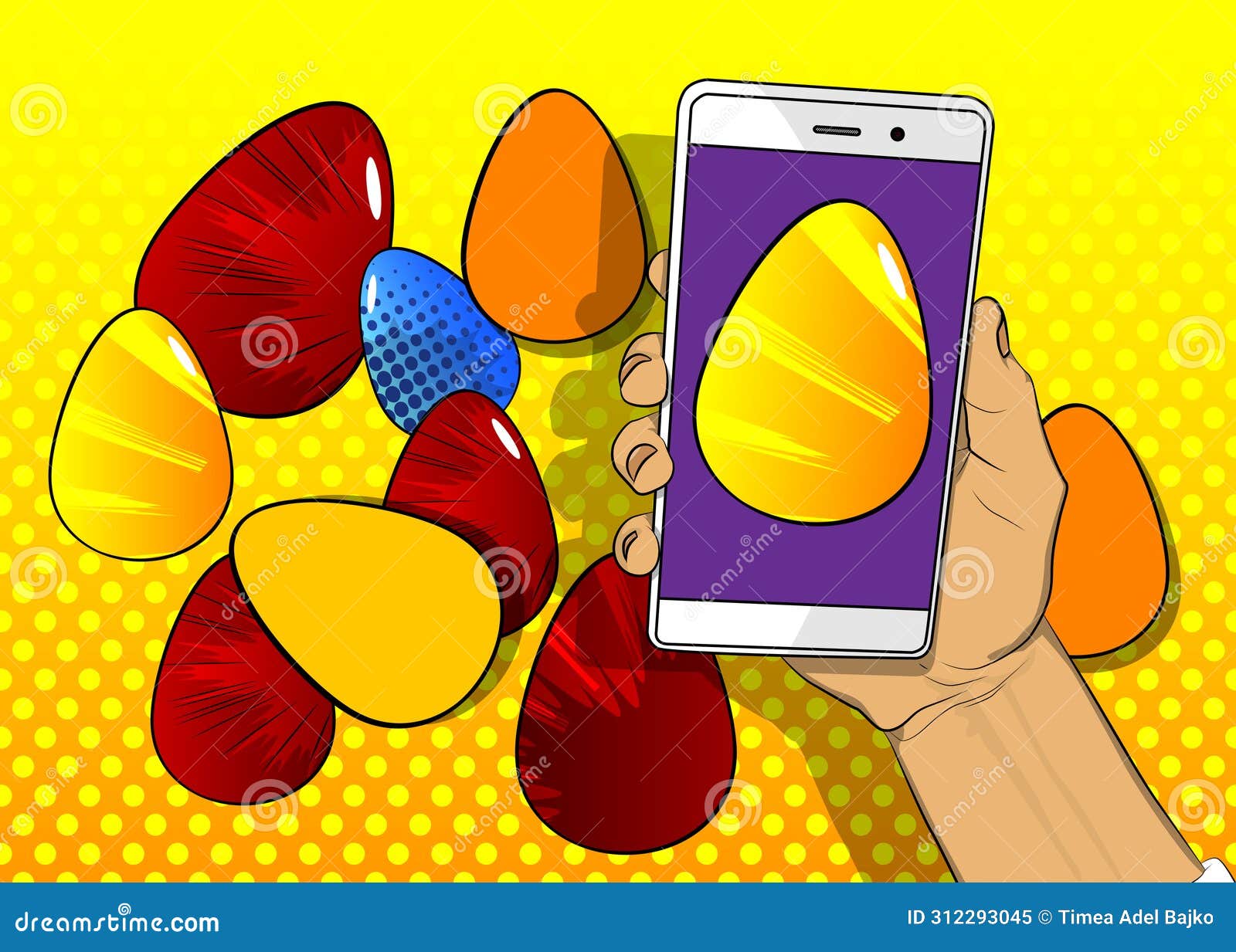 Cartoon Smartphone, Comic Book Telephone with Easter Eggs. Retro Vector Comics Pop Art Design ...