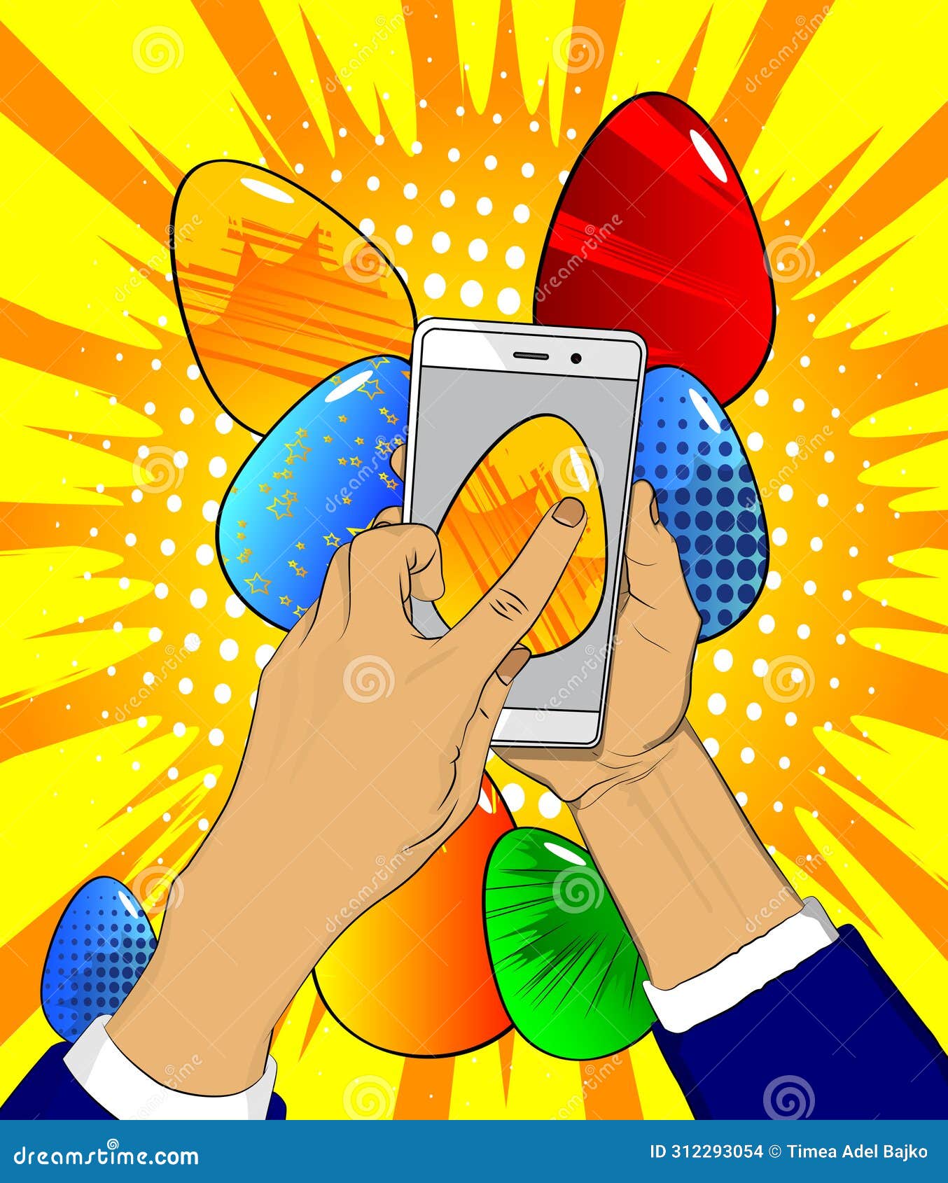 Cartoon Smartphone, Comic Book Telephone with Easter Eggs. Retro Vector ...