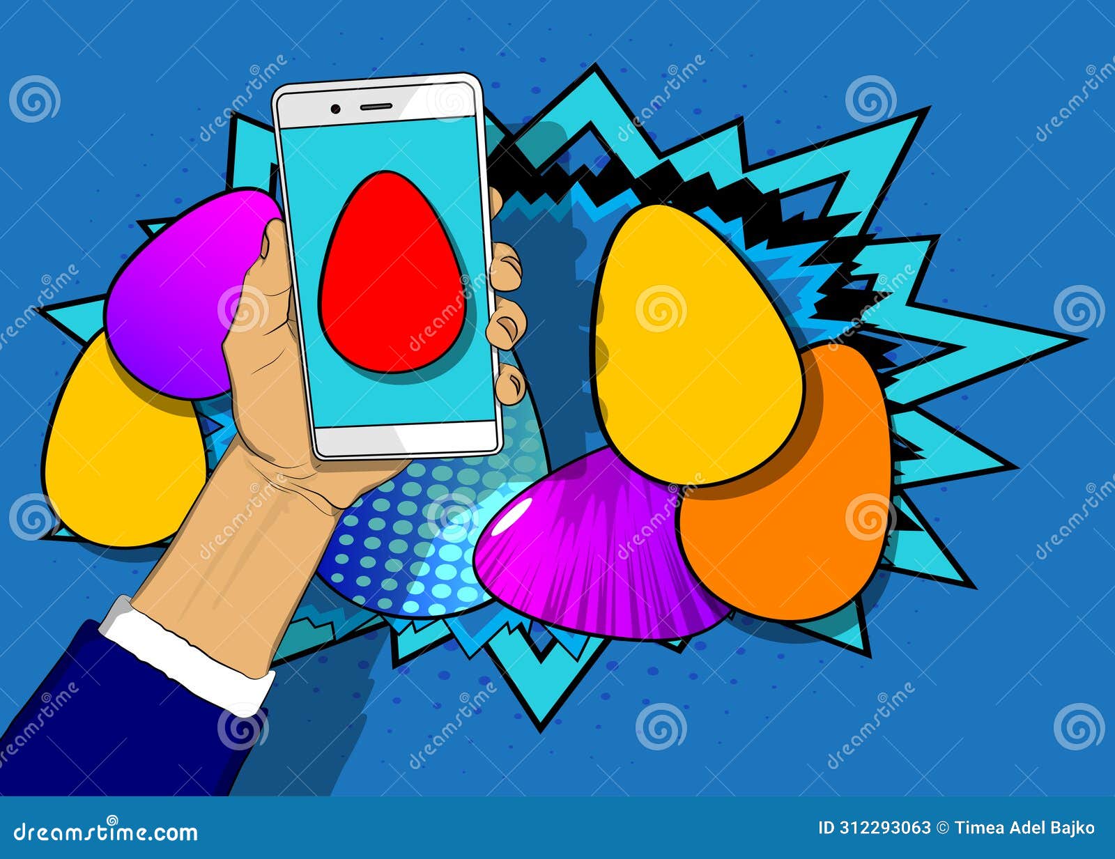 Cartoon Smartphone, Comic Book Telephone with Easter Eggs. Retro Vector Comics Pop Art Design ...