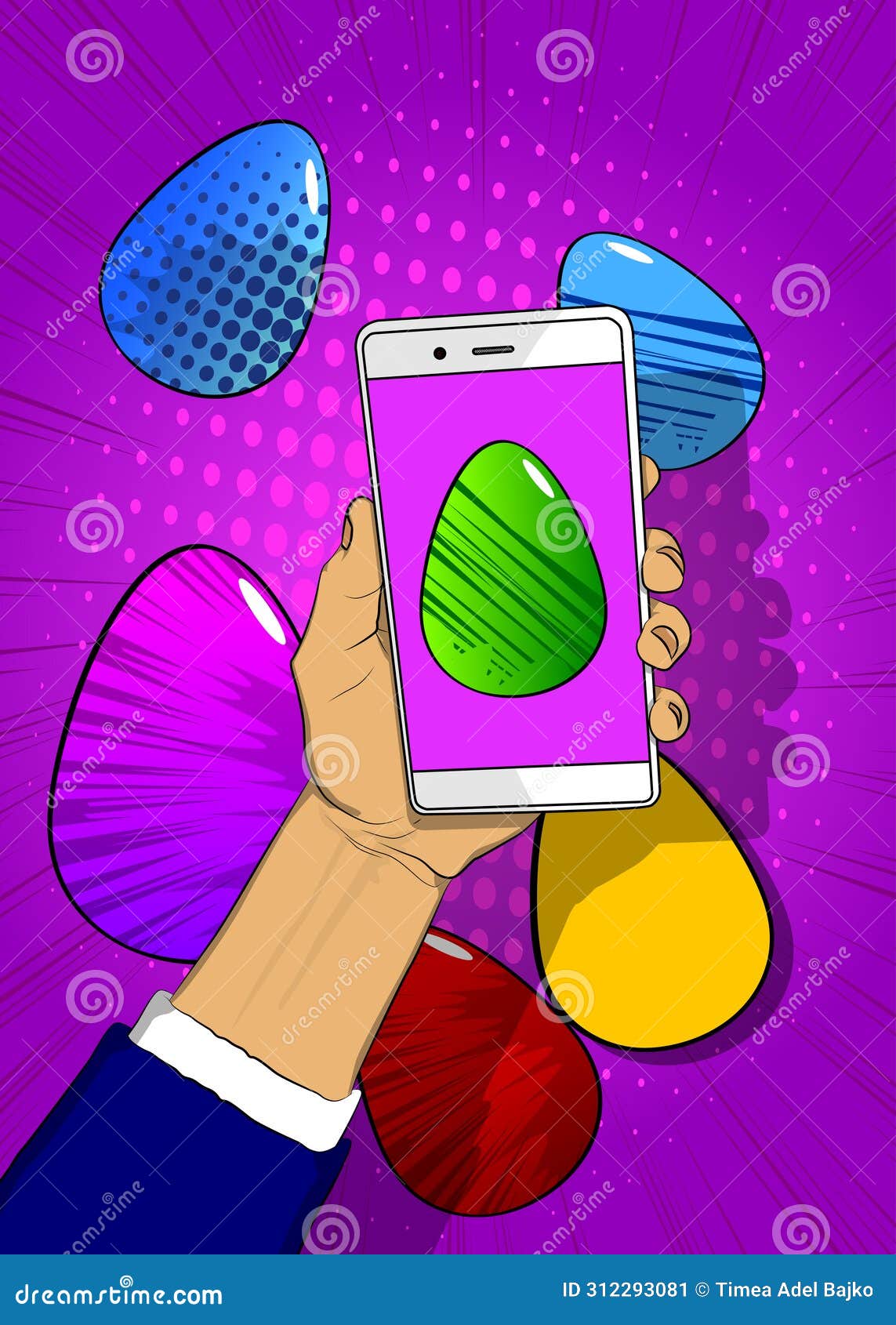 Cartoon Smartphone, Comic Book Telephone with Easter Eggs. Retro Vector Comics Pop Art Design ...