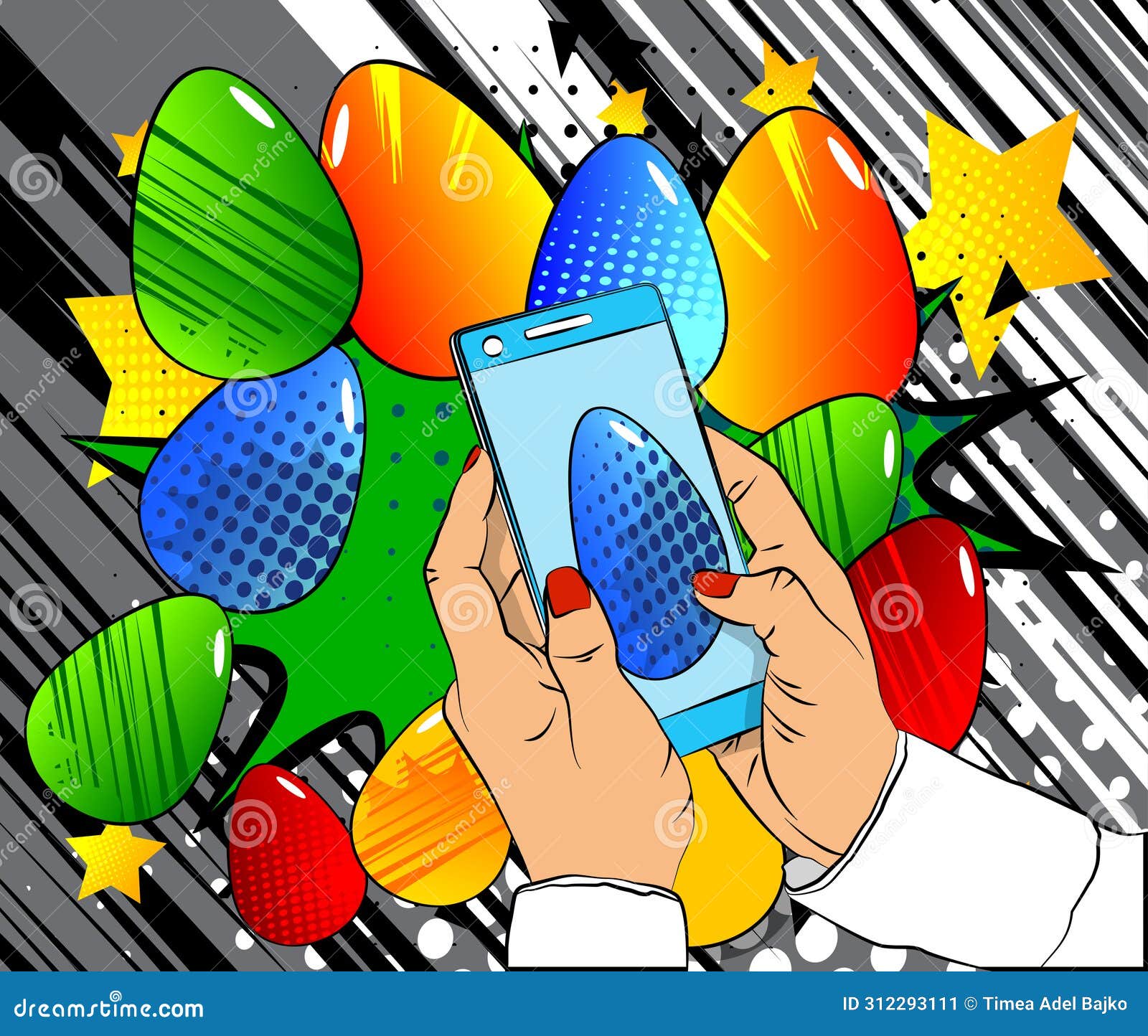 Cartoon Smartphone, Comic Book Telephone with Easter Eggs. Retro Vector ...