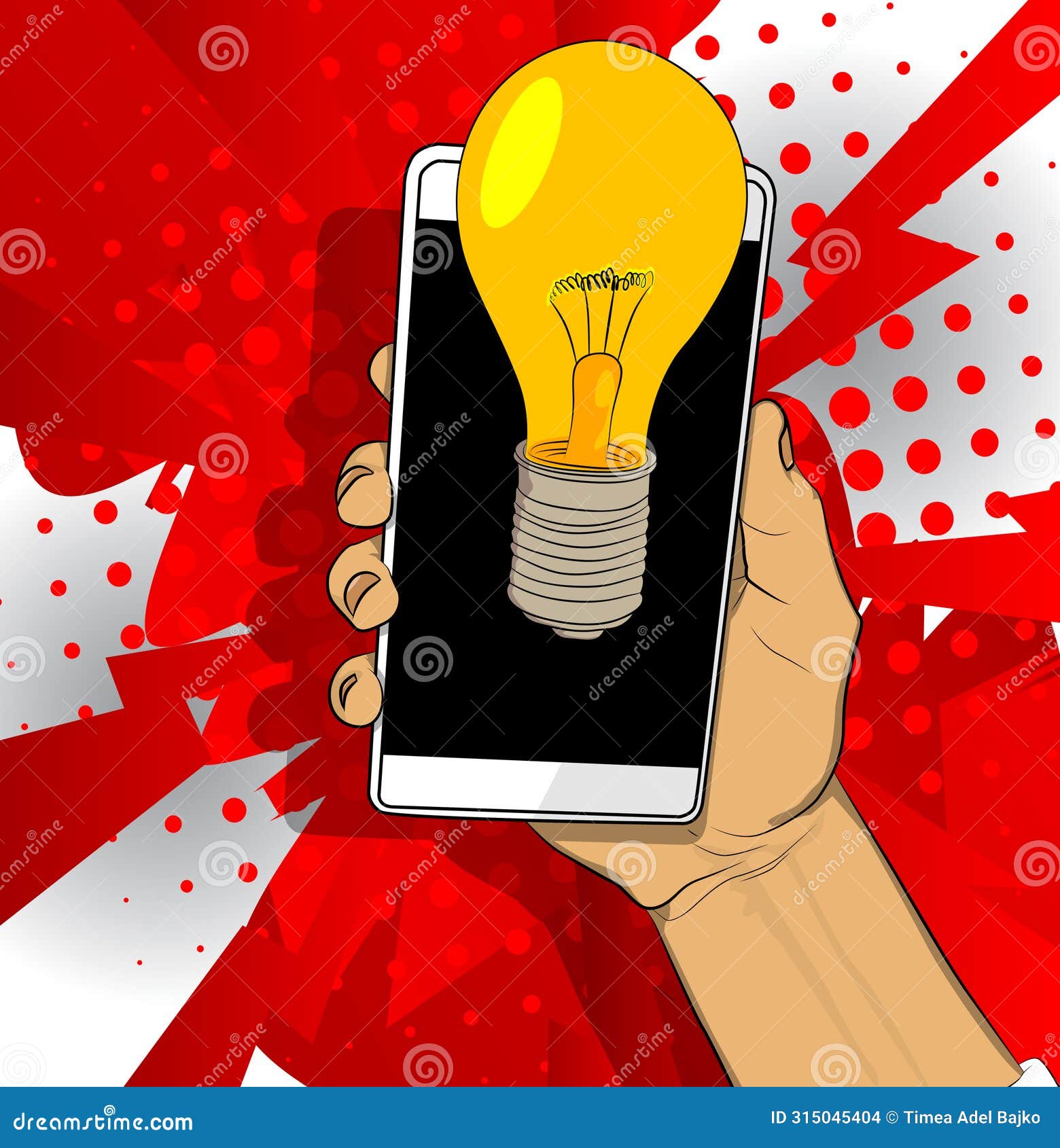 Cartoon Smartphone, Comic Book Telephone with Light Bulb. Retro Vector ...