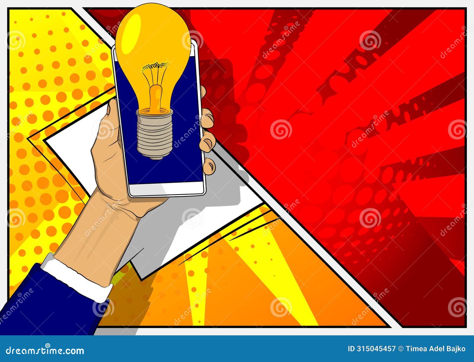 Cartoon Smartphone, Comic Book Telephone with Light Bulb. Retro Vector ...