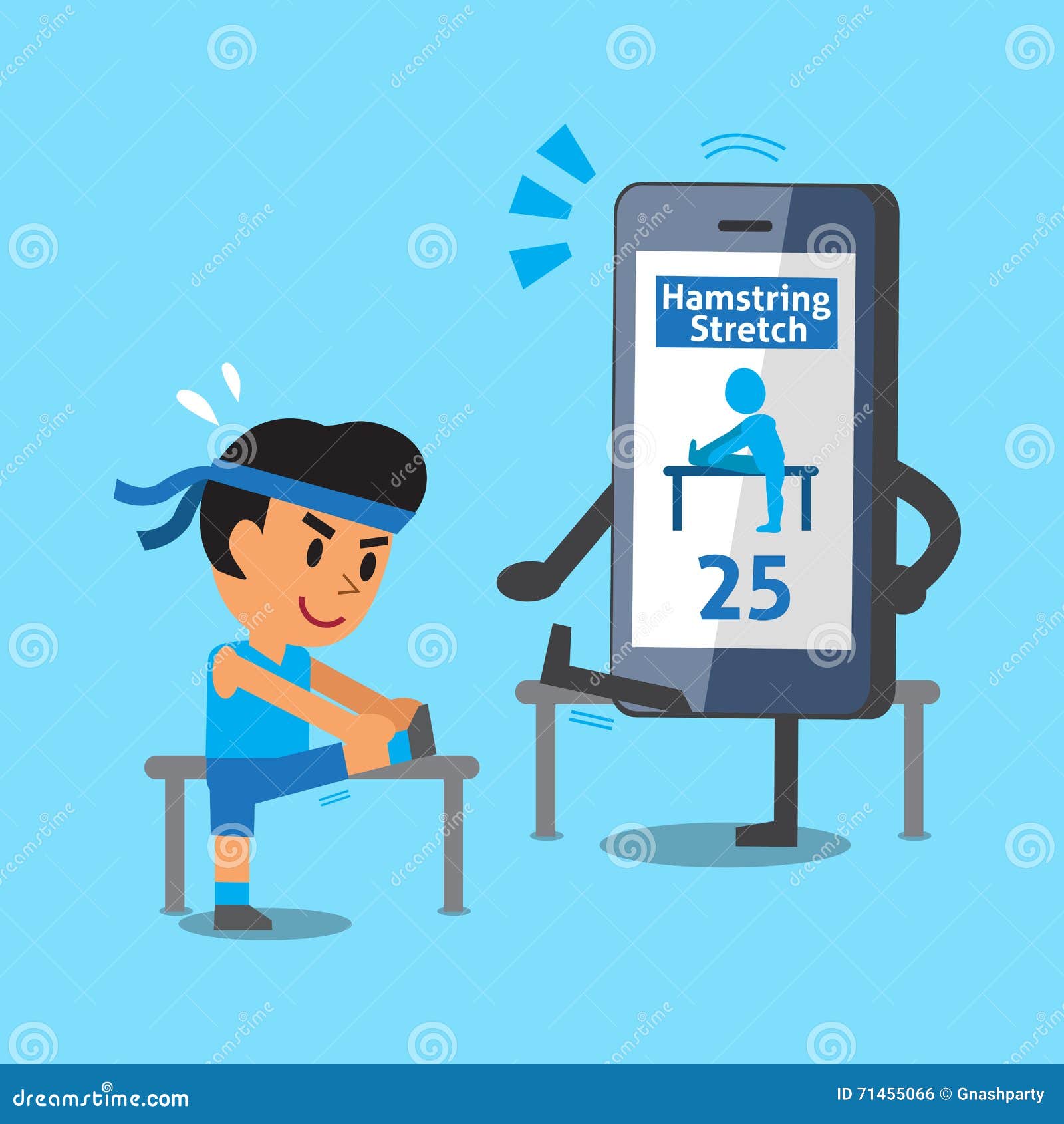 Cartoon Smartphone Helping A Man To Do Hamstring Stretch Exercise ...