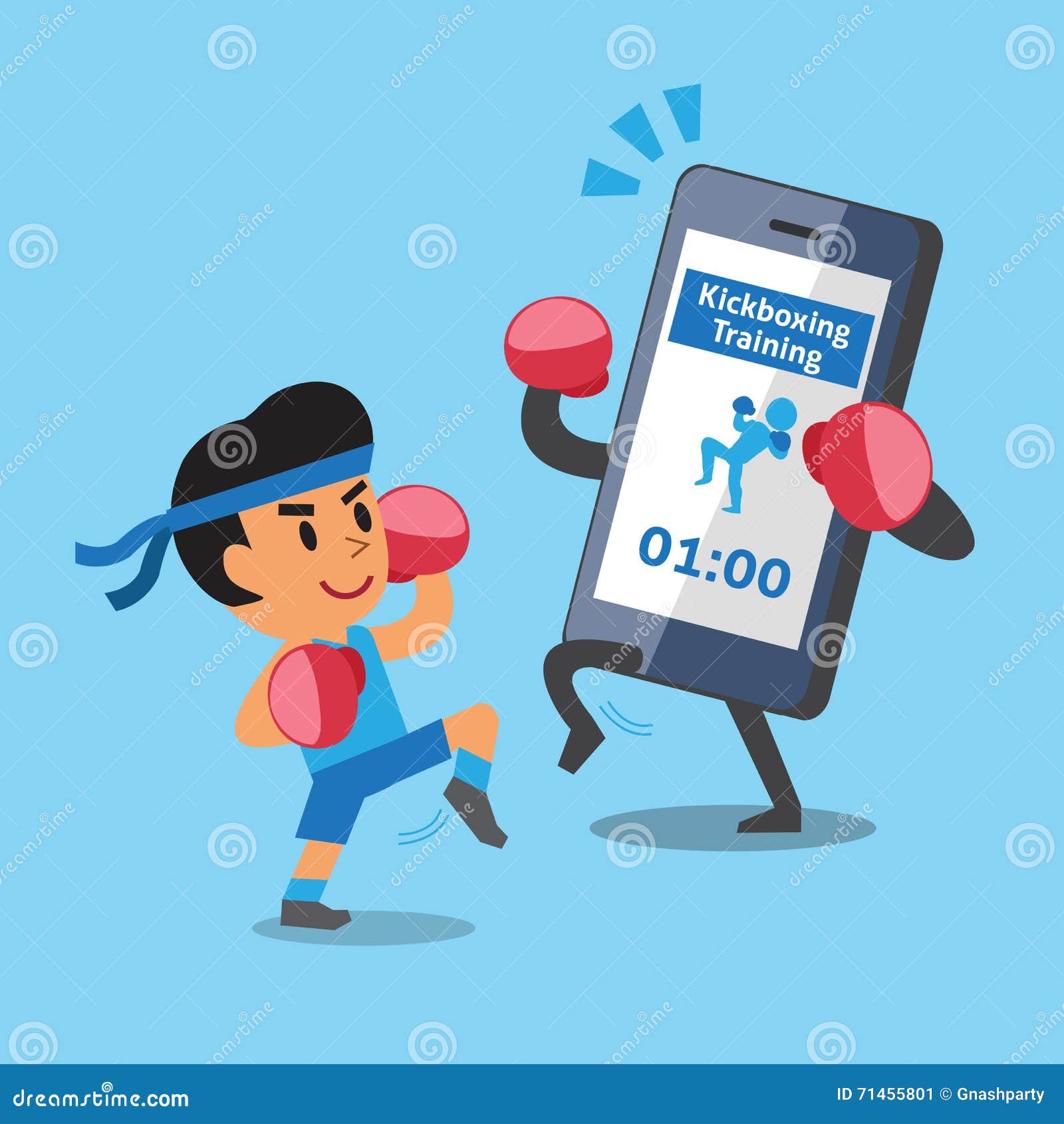 Cartoon Smartphone Helping a Man To Do Kickboxing Training Stock Vector ...