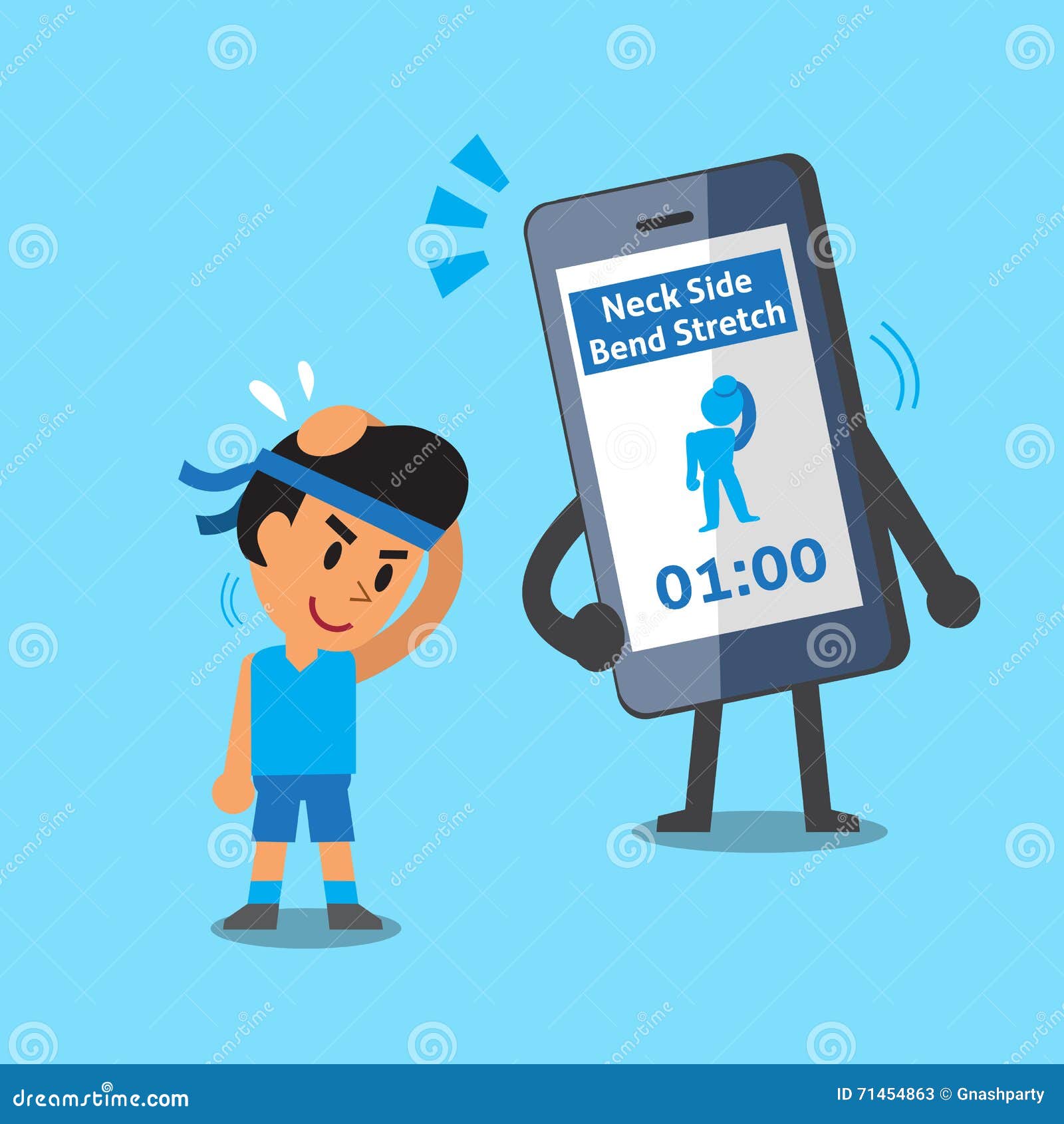Cartoon Smartphone Helping a Man To Do Neck Side Bend Stretch Exercise ...
