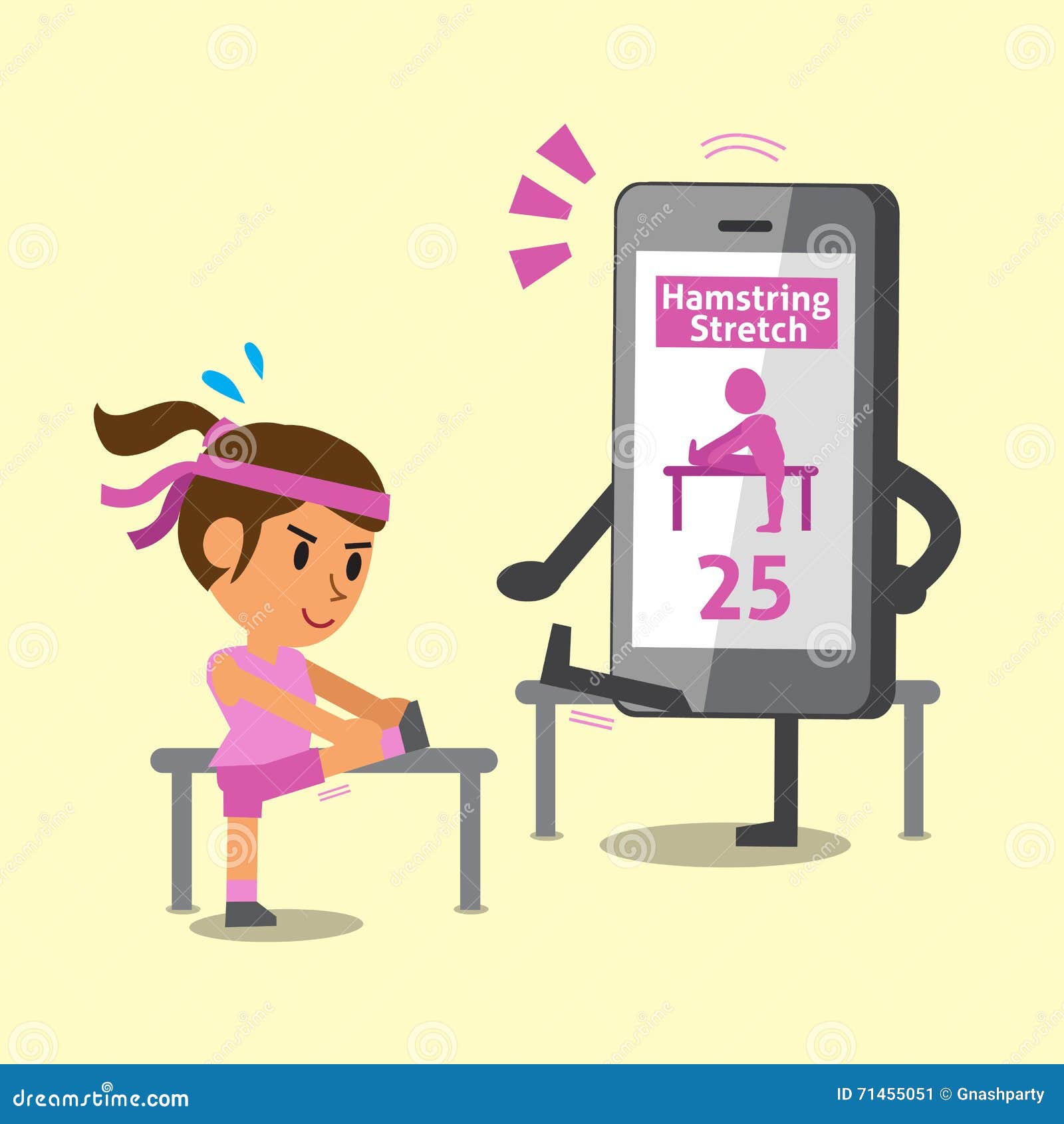 Cartoon Smartphone Helping a Woman To Do Hamstring Stretch Exercise ...