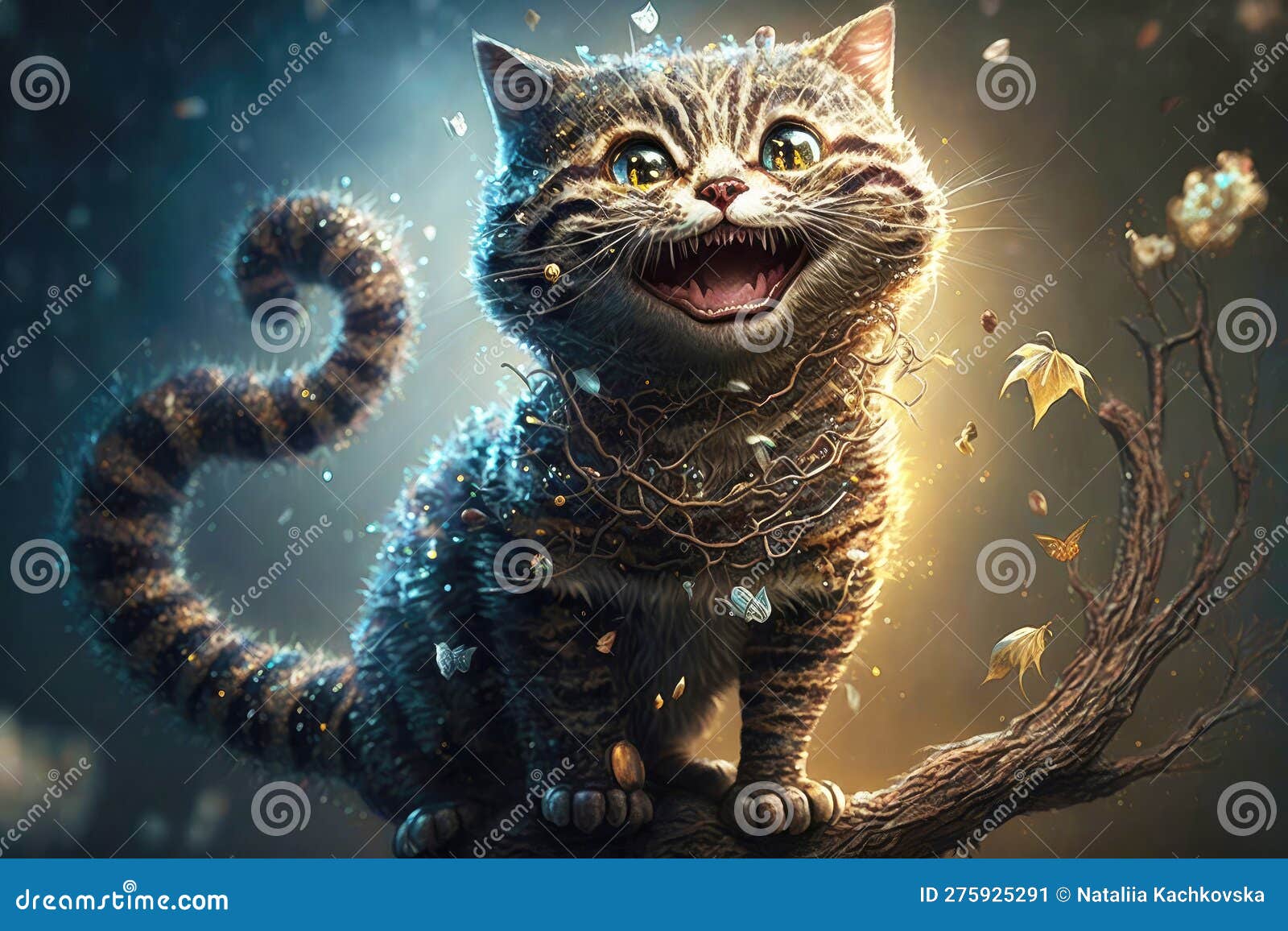 Cartoon Smiling Cat on the Tree Stock Illustration - Illustration of ...