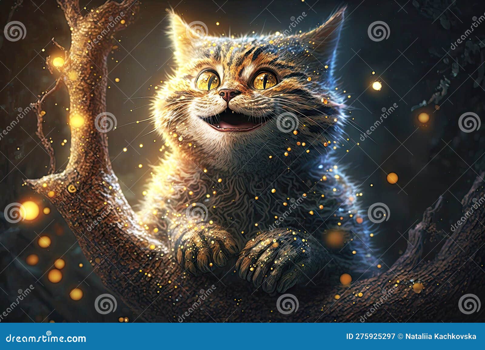 Cartoon Smiling Cat on the Tree Stock Illustration - Illustration of ...