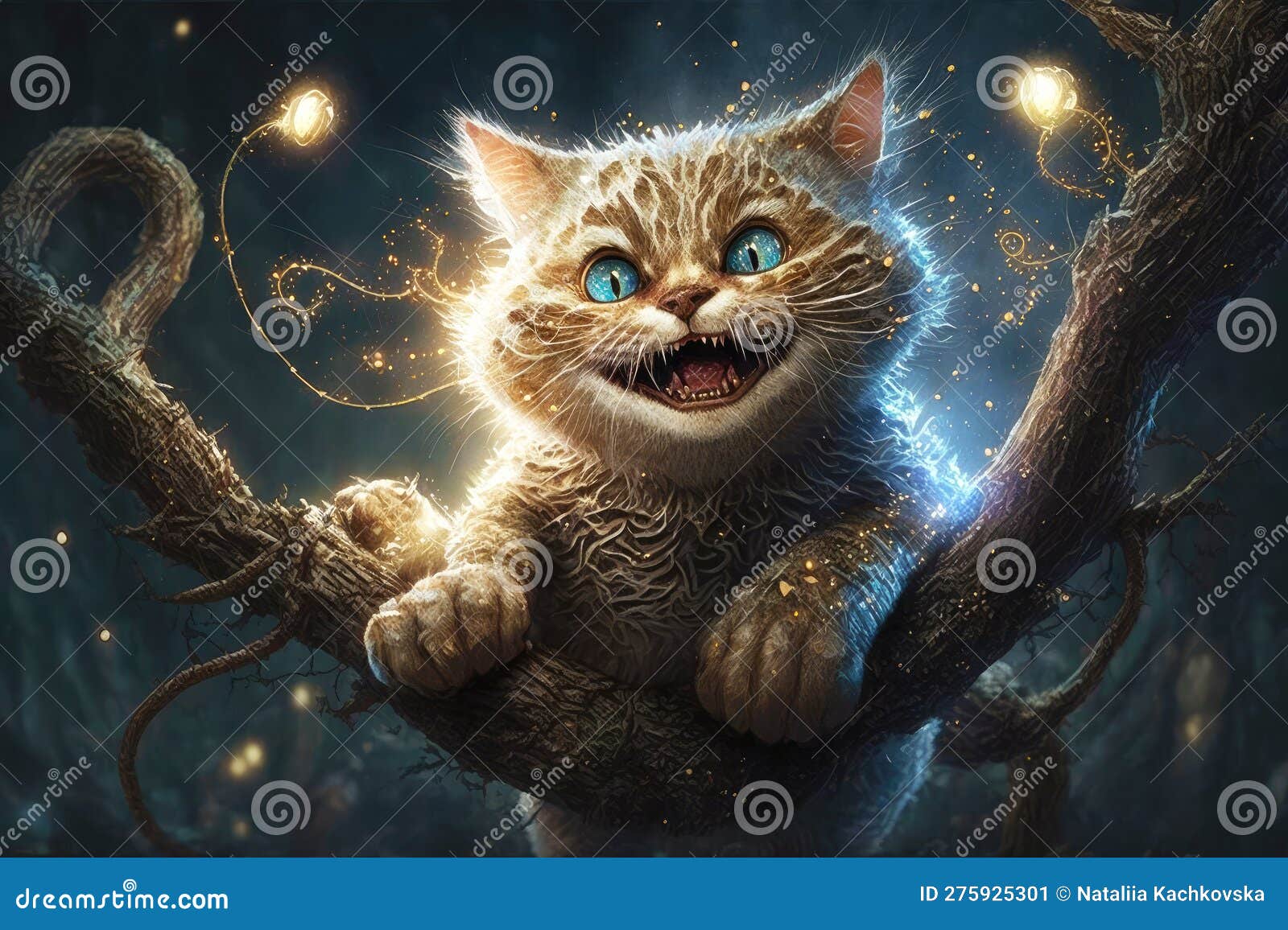 Cartoon Smiling Cat on the Tree Stock Illustration - Illustration of ...