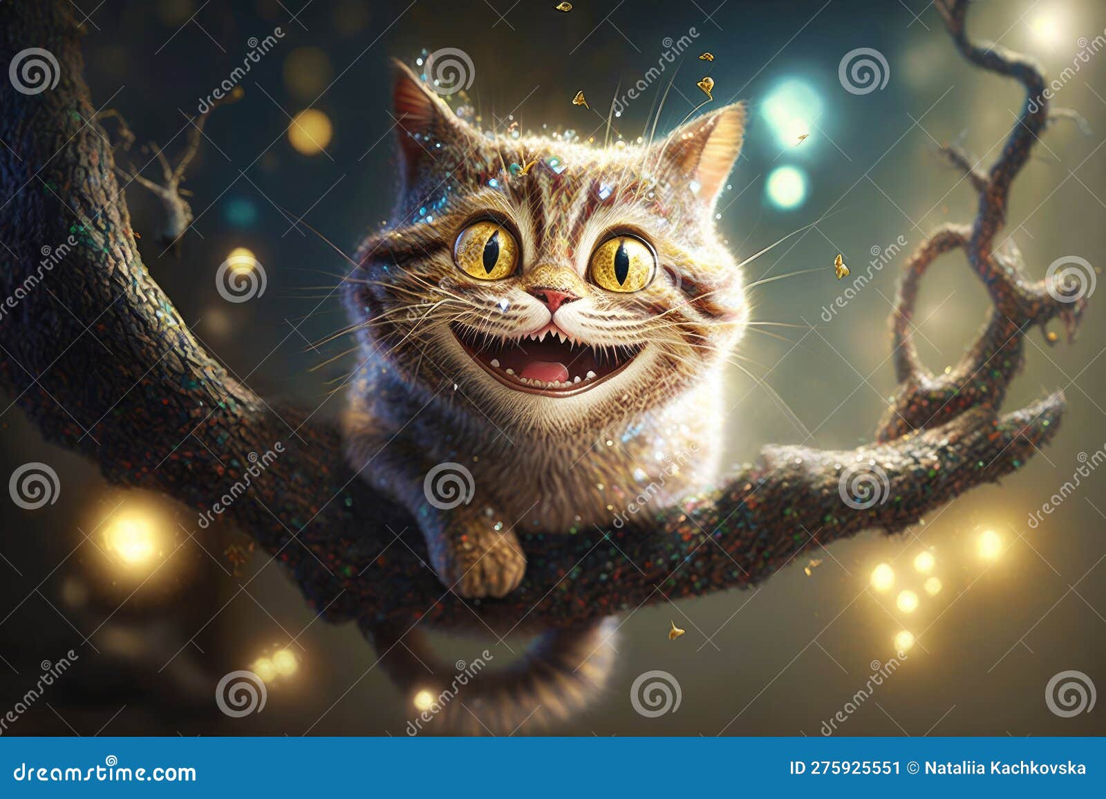 Cartoon Smiling Cat on the Tree Stock Illustration - Illustration of ...