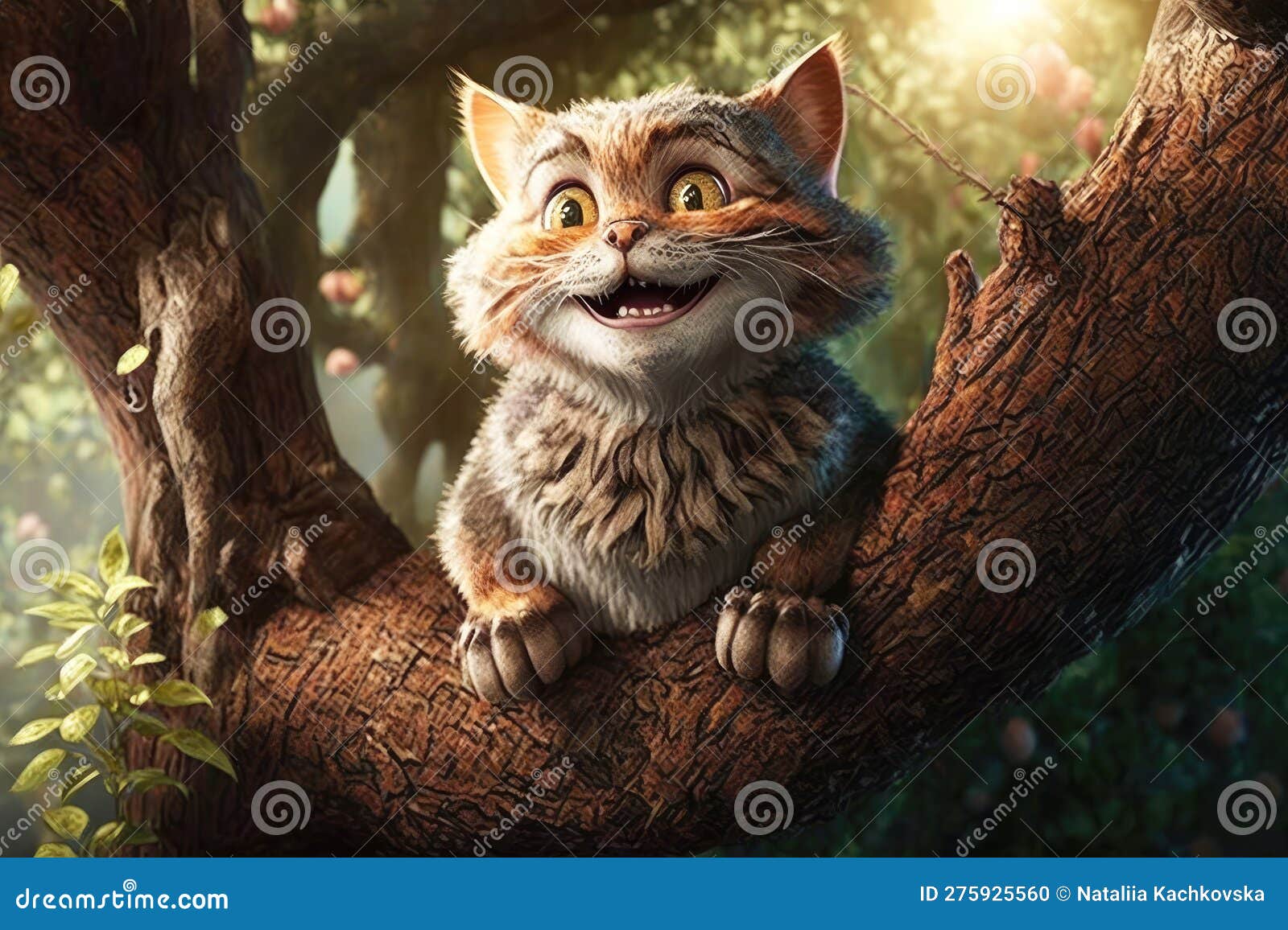 Cartoon Smiling Cat on the Tree Stock Illustration - Illustration of ...