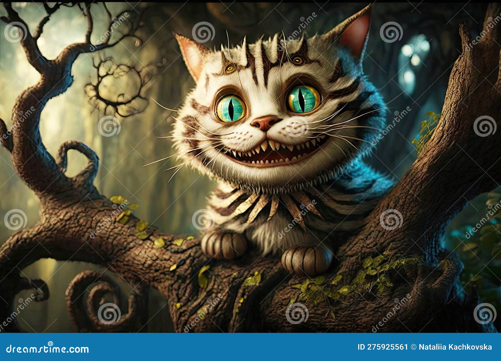 Cartoon Smiling Cat on the Tree Stock Illustration - Illustration of ...