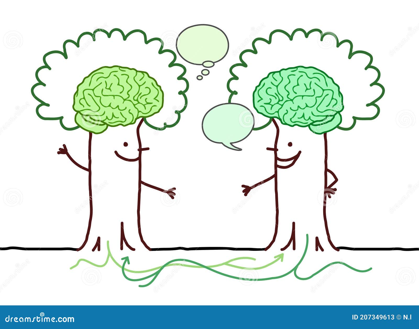Cartoon Smiling and Communicating Tree-Men with Big Green Brains Stock ...