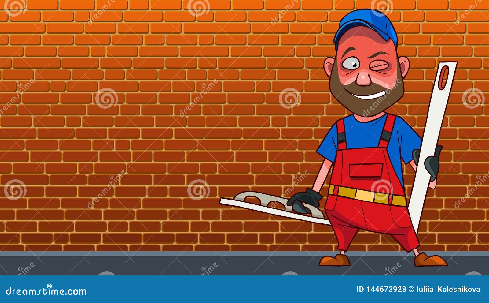 Cartoon Man in Red Jumpsuit with Tools for Plaster Wall Stock Vector ...