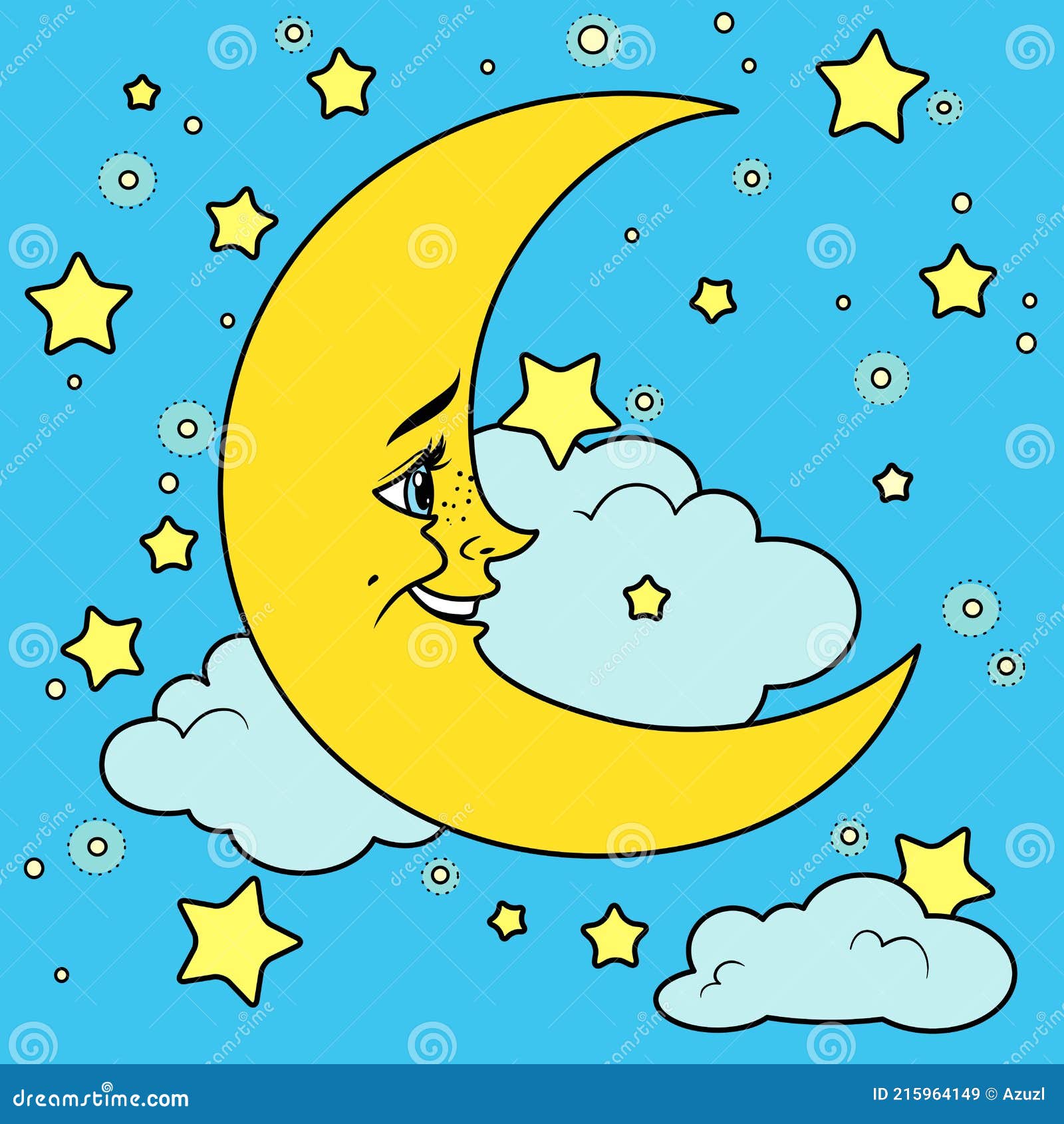 Cartoon Moon with Clouds Color Variation for Coloring Page Stock Vector ...
