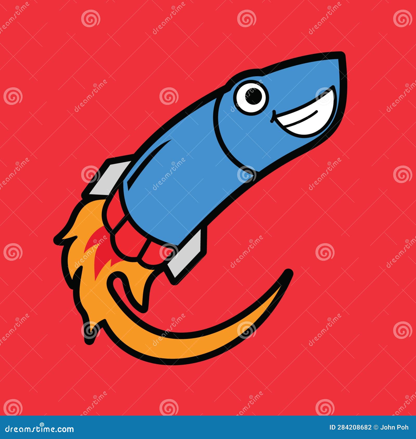A Cartoon Smiling Rocket Blasting Off Stock Vector - Illustration of ...