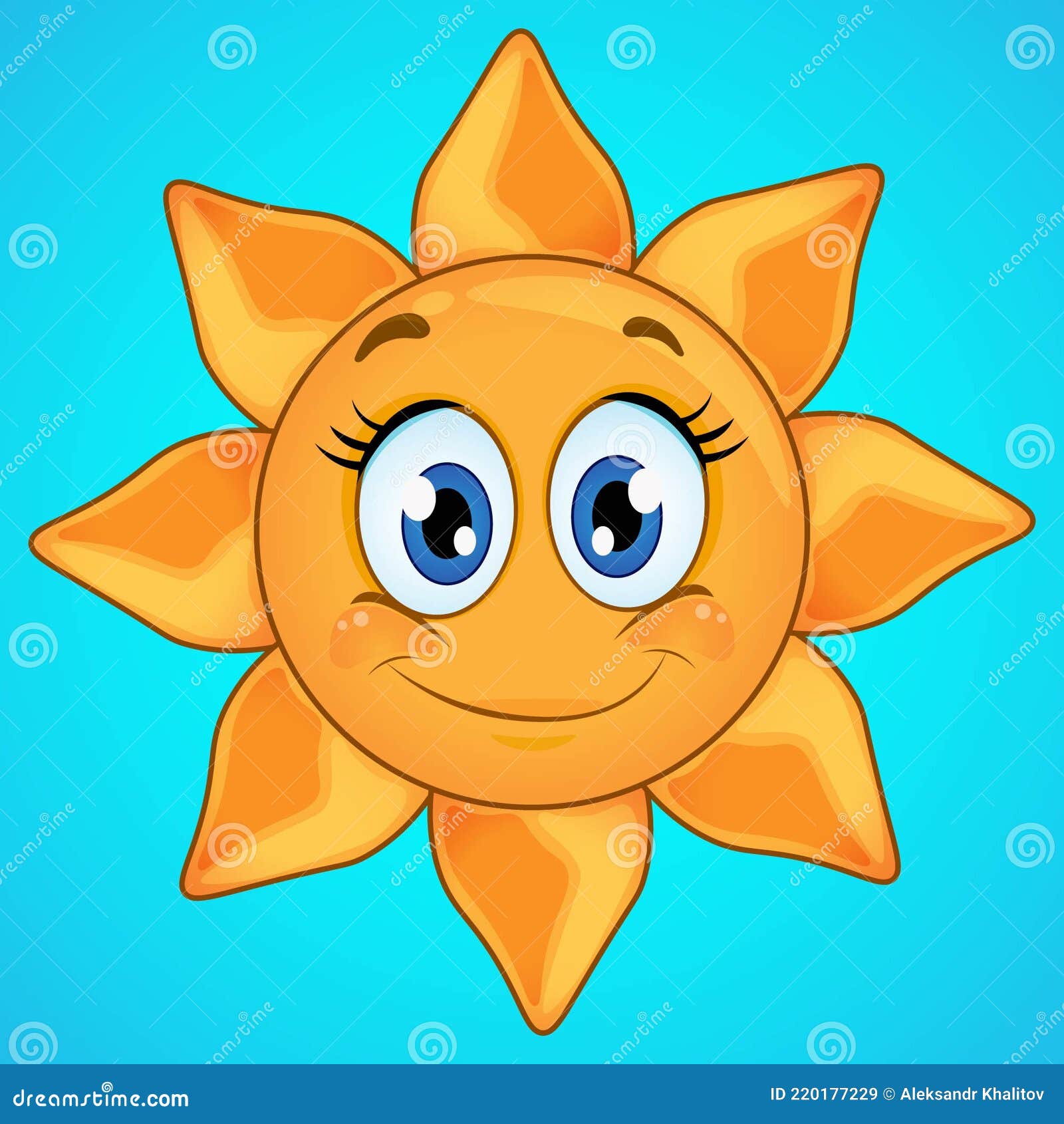 Cartoon Smiling Sun Icon Isolated on Blue Background. Cute Sun Icon ...
