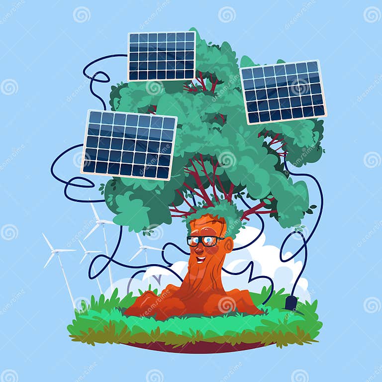 Cartoon Smiling Tree with Solar Panels Renewable Energy Source Stock ...