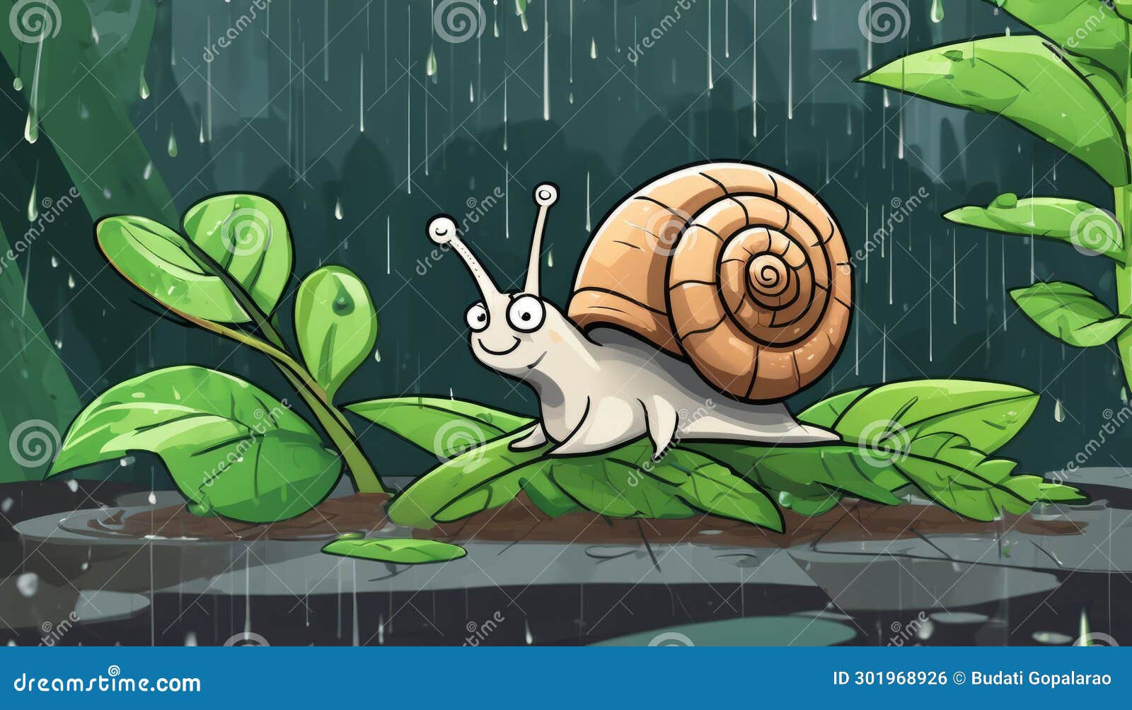 A cartoon snail on a leaf stock illustration. Illustration of forest ...
