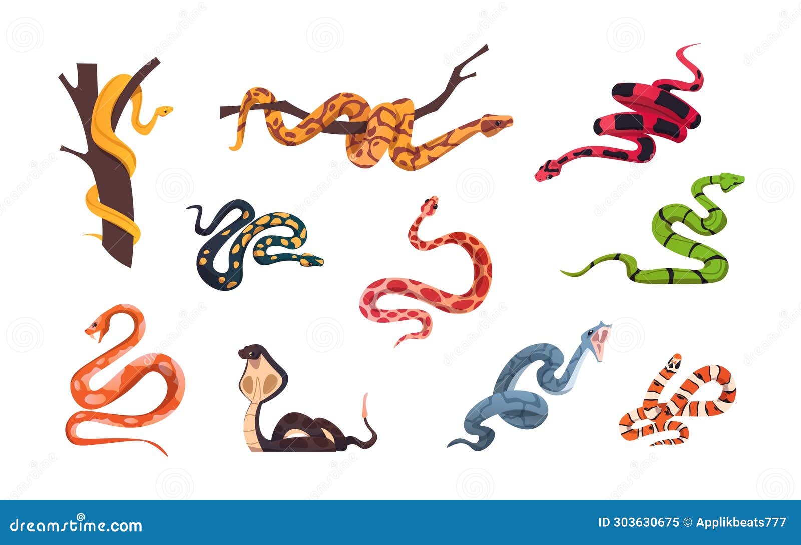 Cartoon Snakes. Tropical Poison Reptiles. Forest and Zoo Cold-blooded ...