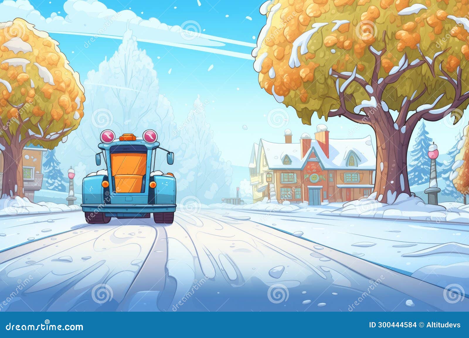Cartoon Snow Plow on Road with Snow-covered Trees Stock Photo - Image ...