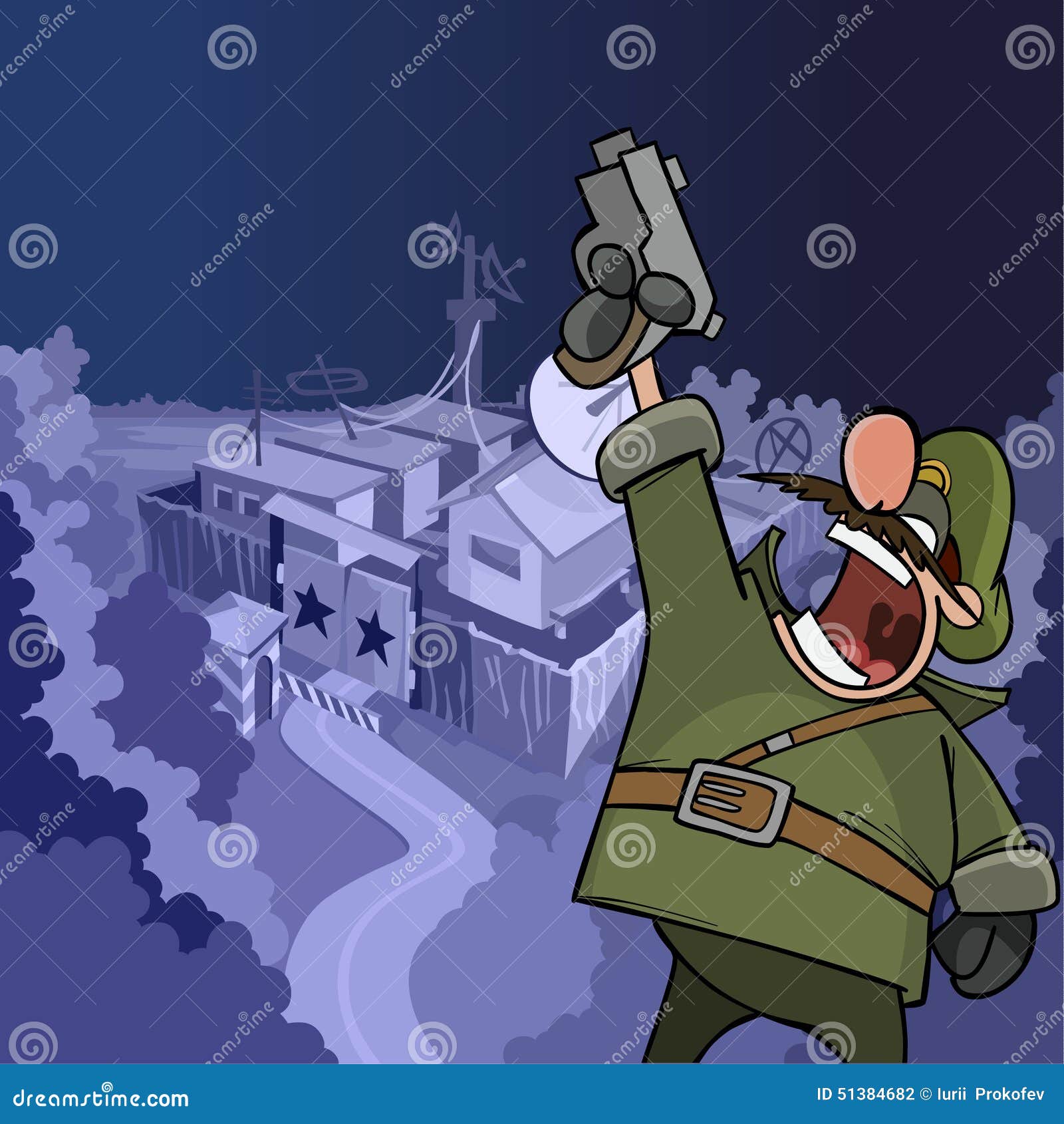 Cartoon Soldier Shouting Aiming a Pistol at the Top Stock Vector ...