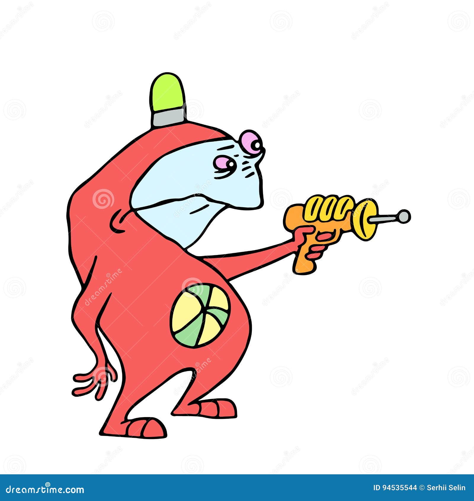 Cartoon Space Alien Aims from the Blaster in His Hand. Vector ...