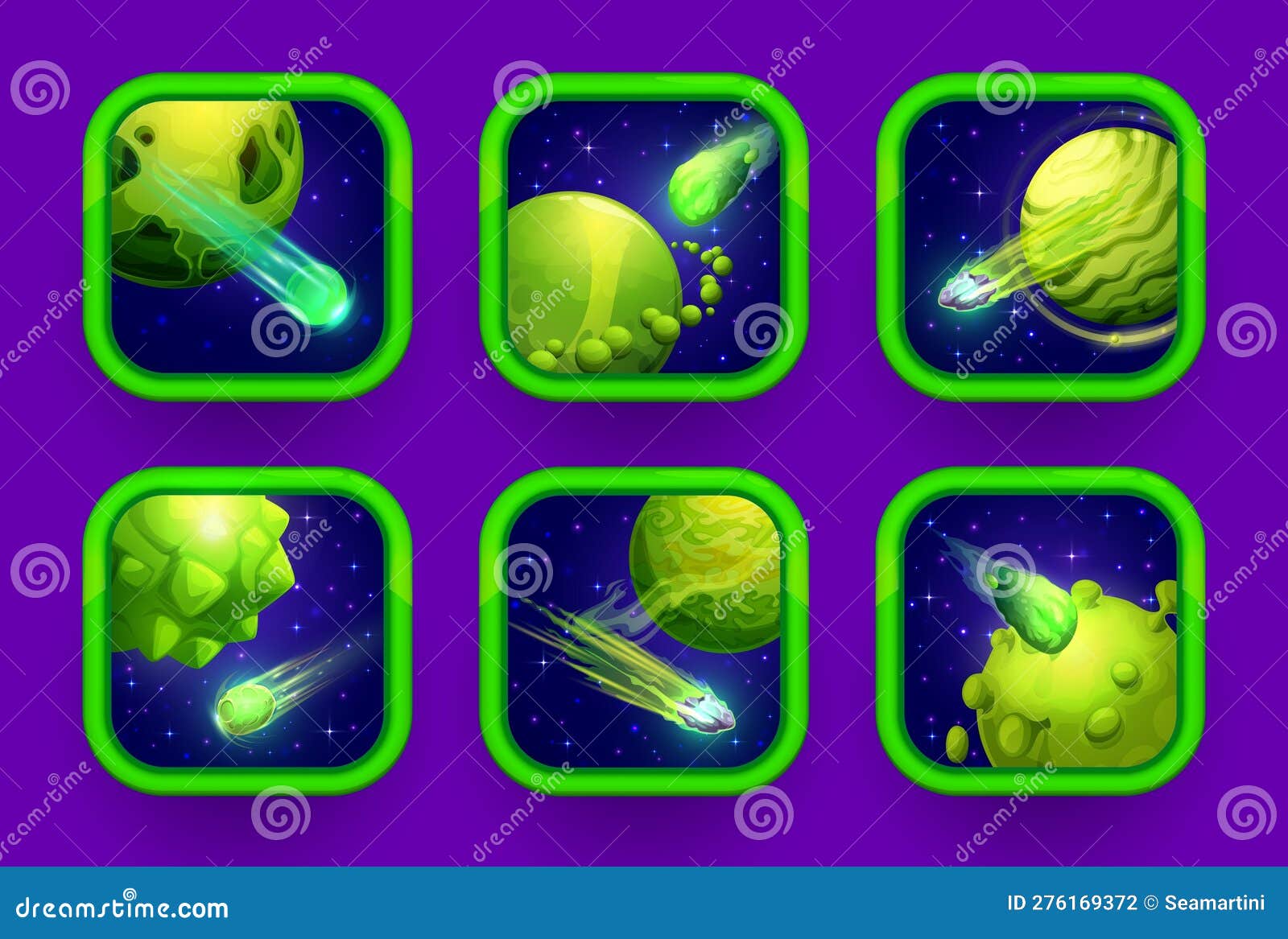 Cartoon Space Game App Icons, Green Planets, Stars Stock Vector ...