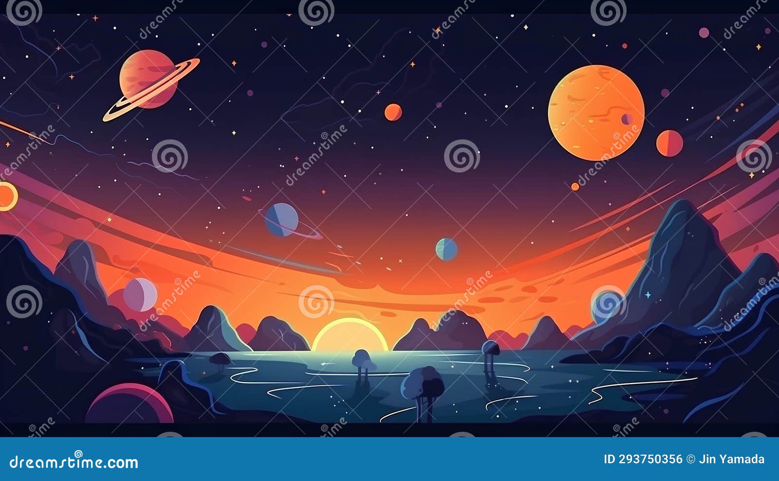 Cartoon Space Landscape with Planets, Stars and Comets. Vector ...