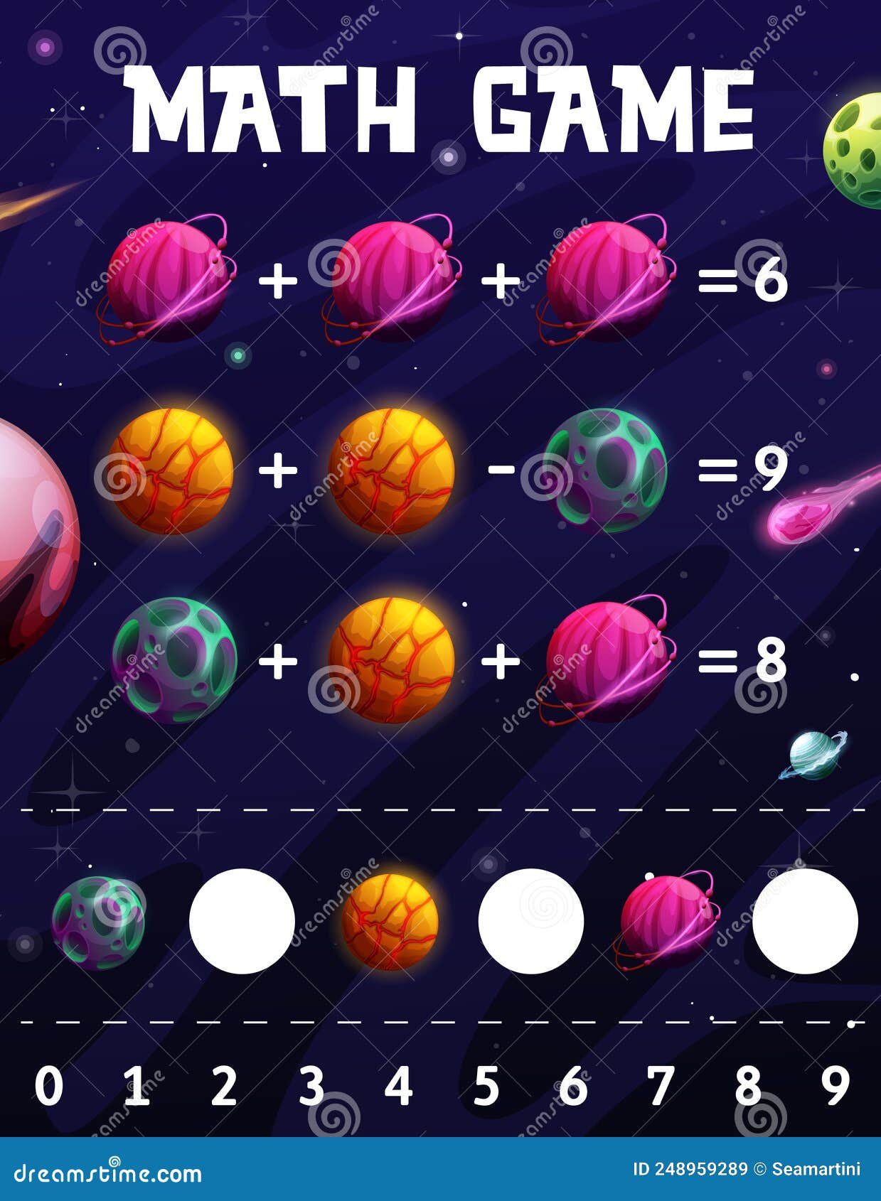 Cartoon Space Planets Math Game Worksheet Stock Vector - Illustration ...
