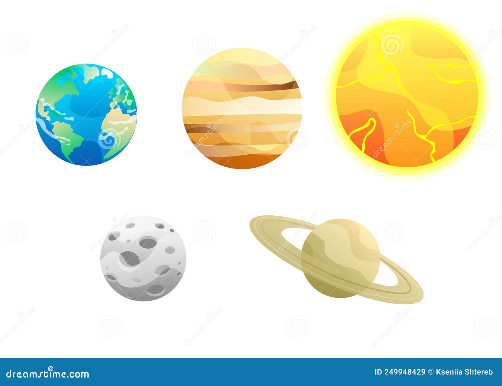 Cartoon Space Planets of Solar System. Earth, Yupiter, Sun, Moon ...